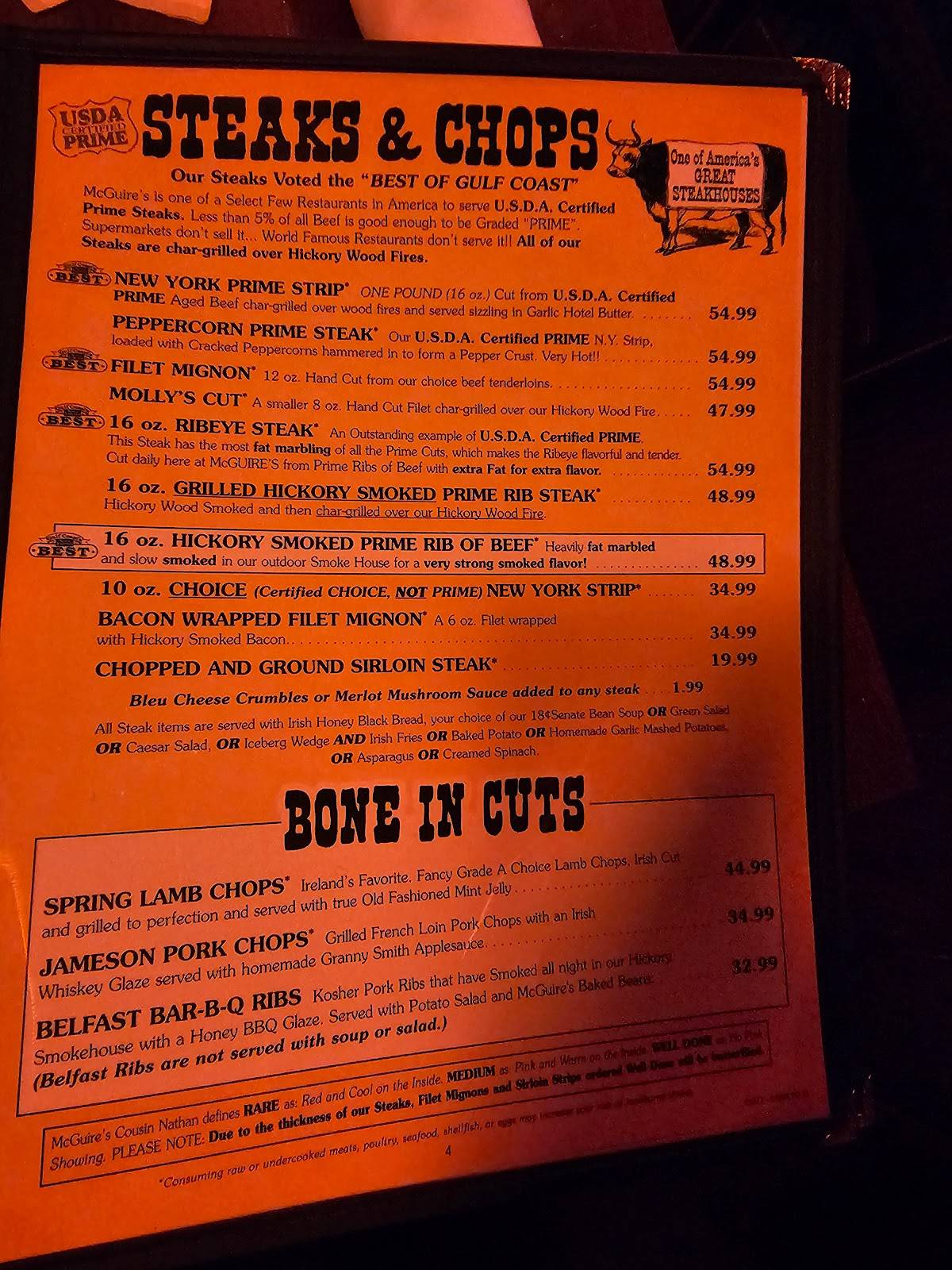 Menu at McGuire's Irish Pub, Pensacola