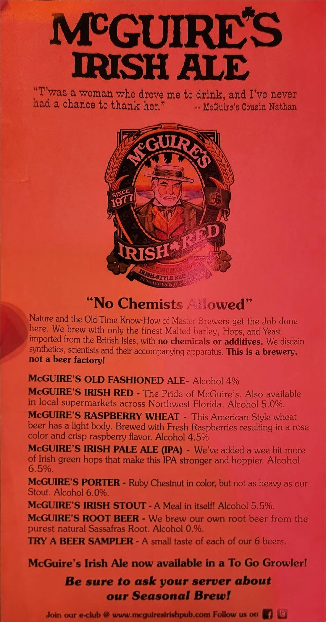 Menu at McGuire's Irish Pub, Pensacola