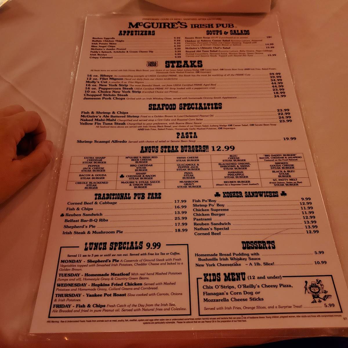 Menu at McGuire's Irish Pub, Pensacola