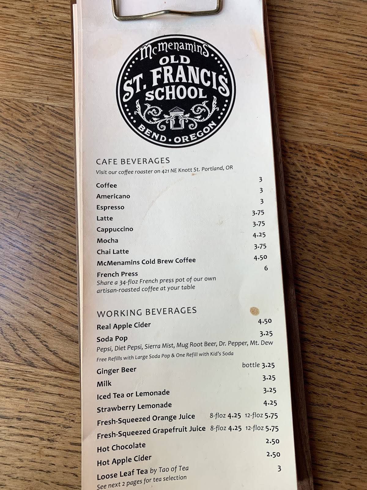 Menu at McMenamins Pub at Old St. Francis School, Bend