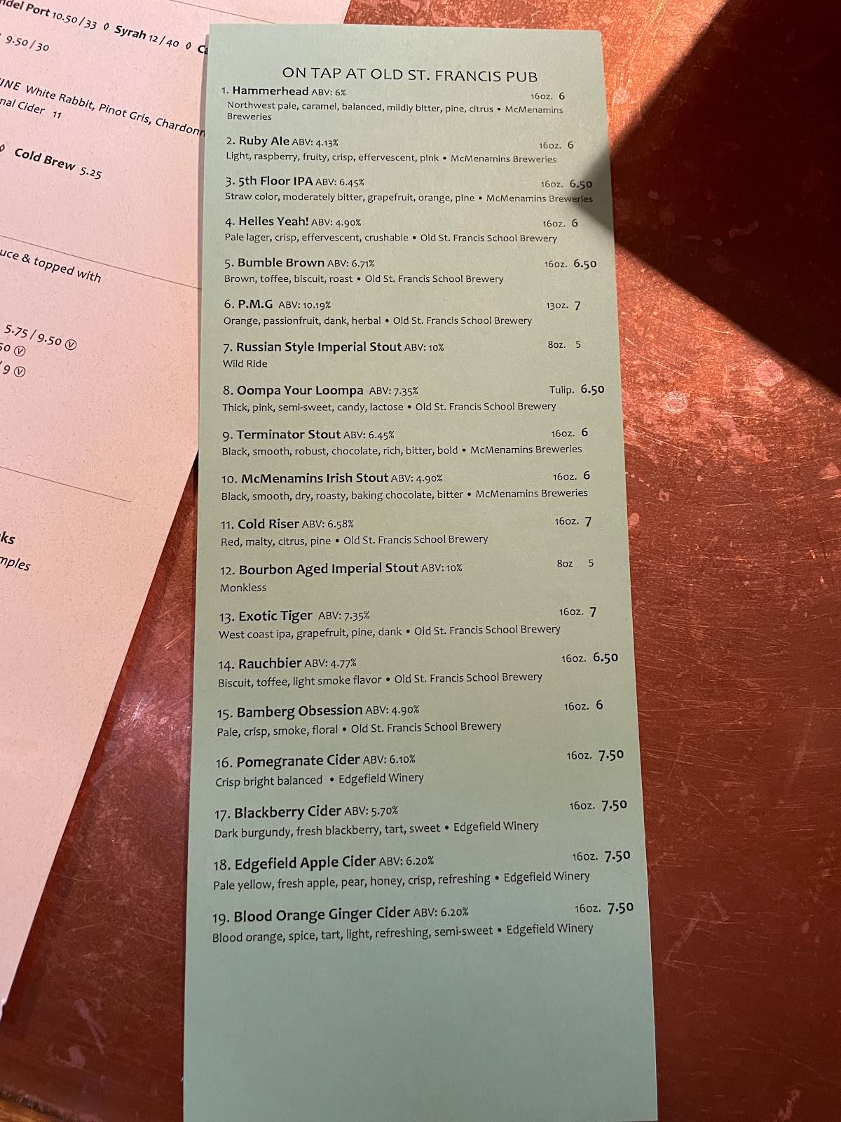 Menu at McMenamins Pub at Old St. Francis School, Bend