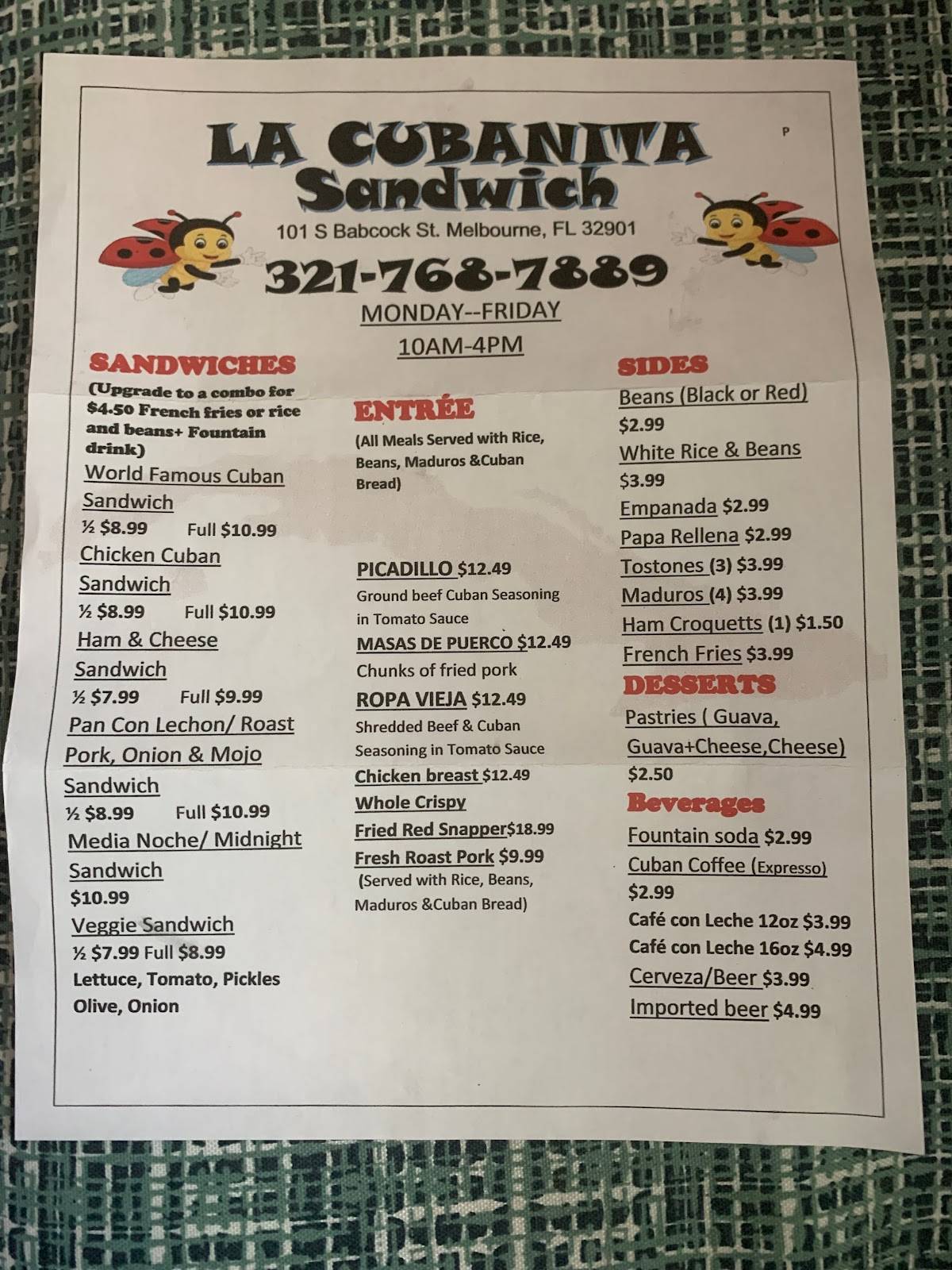 Menu at La Cubanita Sandwich (formerly Cuban Sandwich) restaurant ...