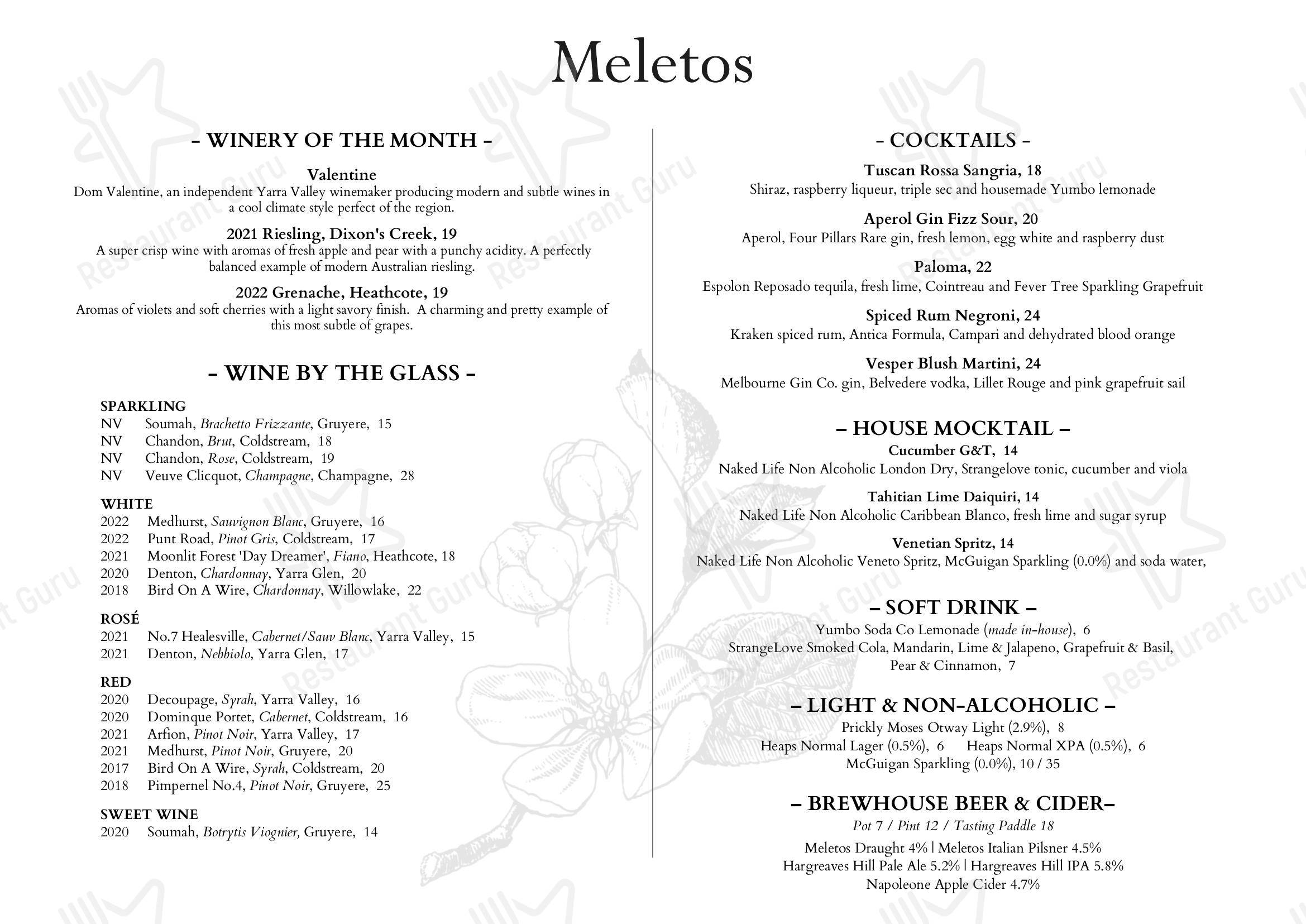 Menu at Meletos restaurant, Coldstream