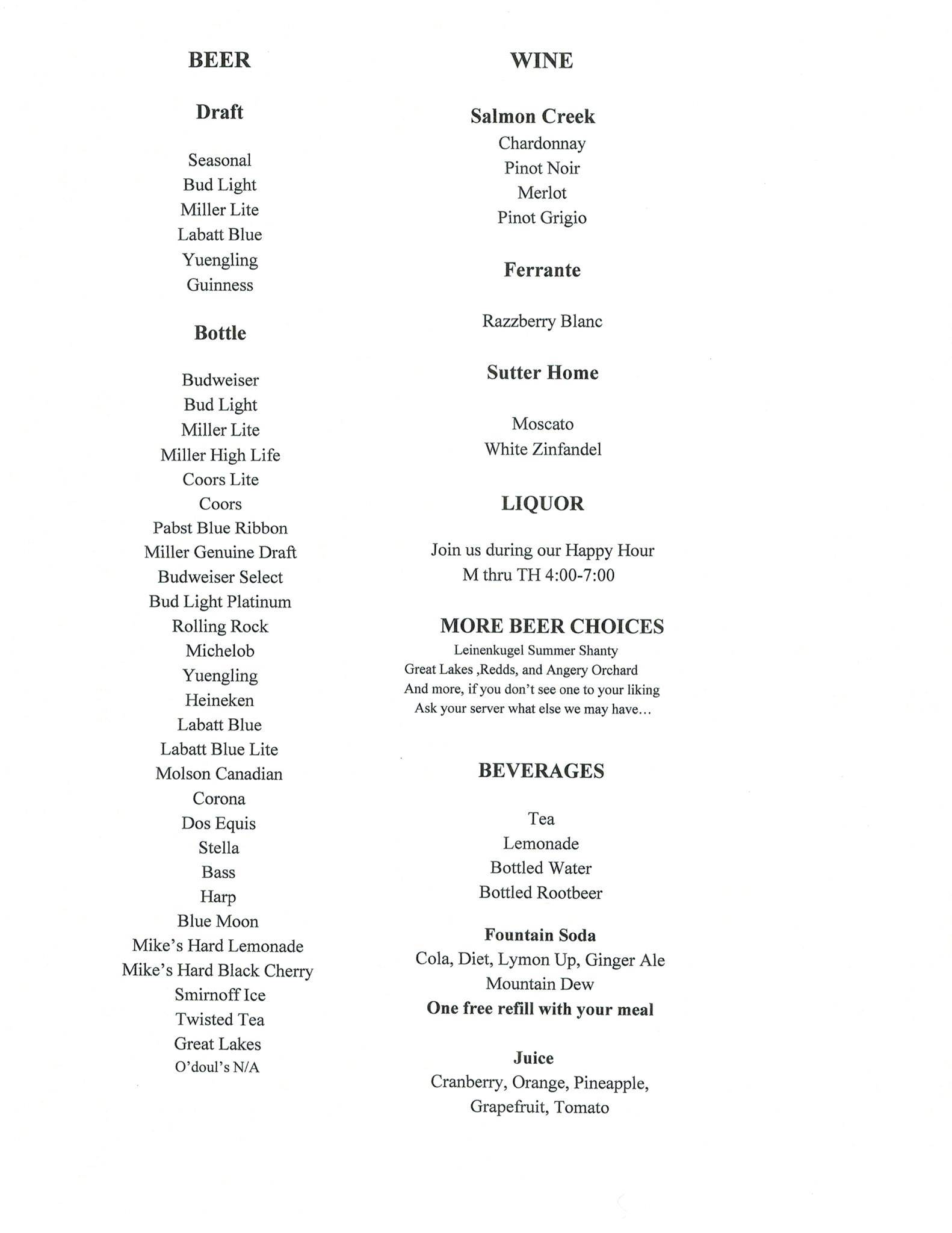 Menu at Middlefield Tavern pub & bar, Middlefield
