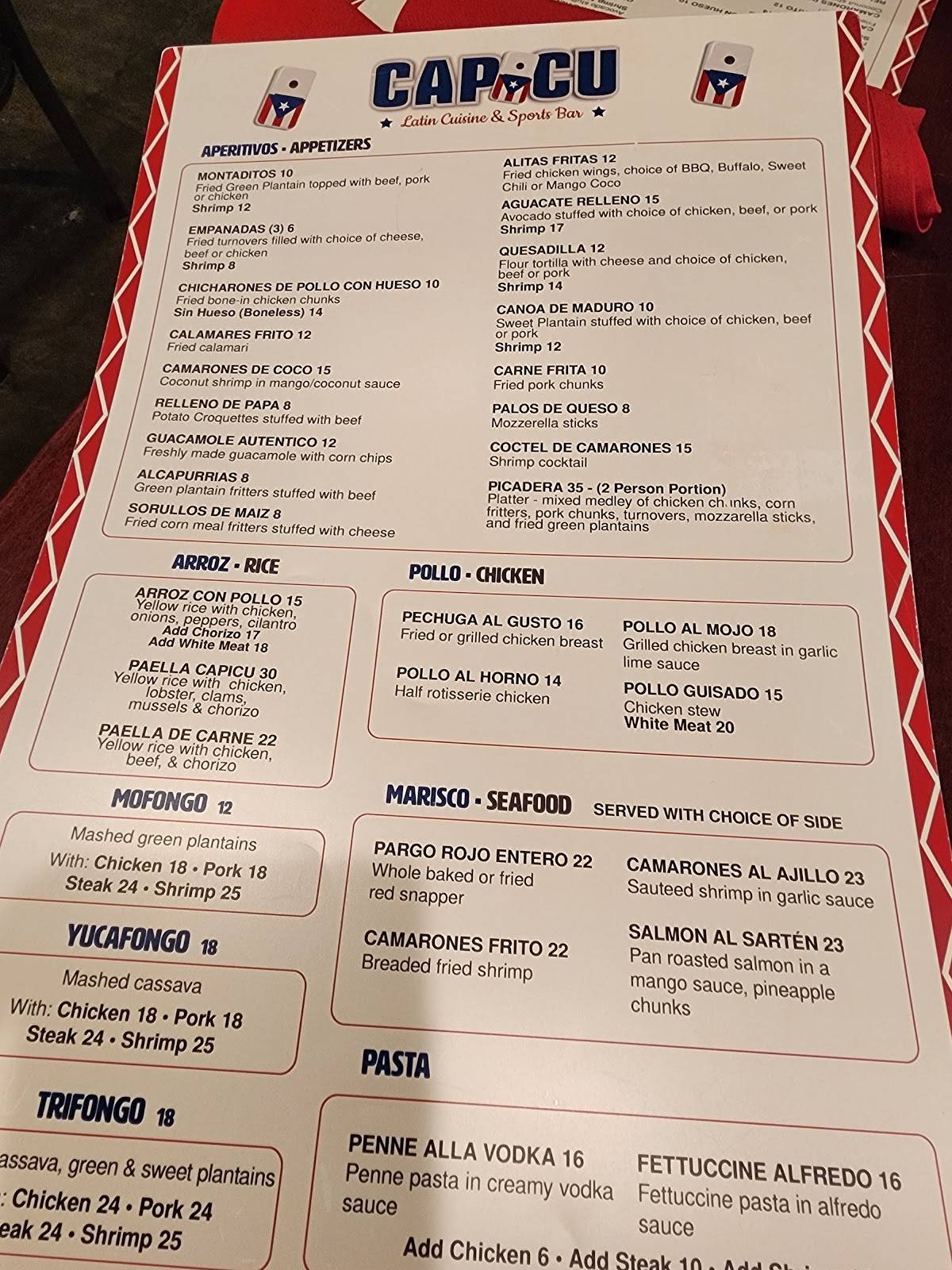 Carta de Capicu Latin Cuisine & Sports Bar, Middletown