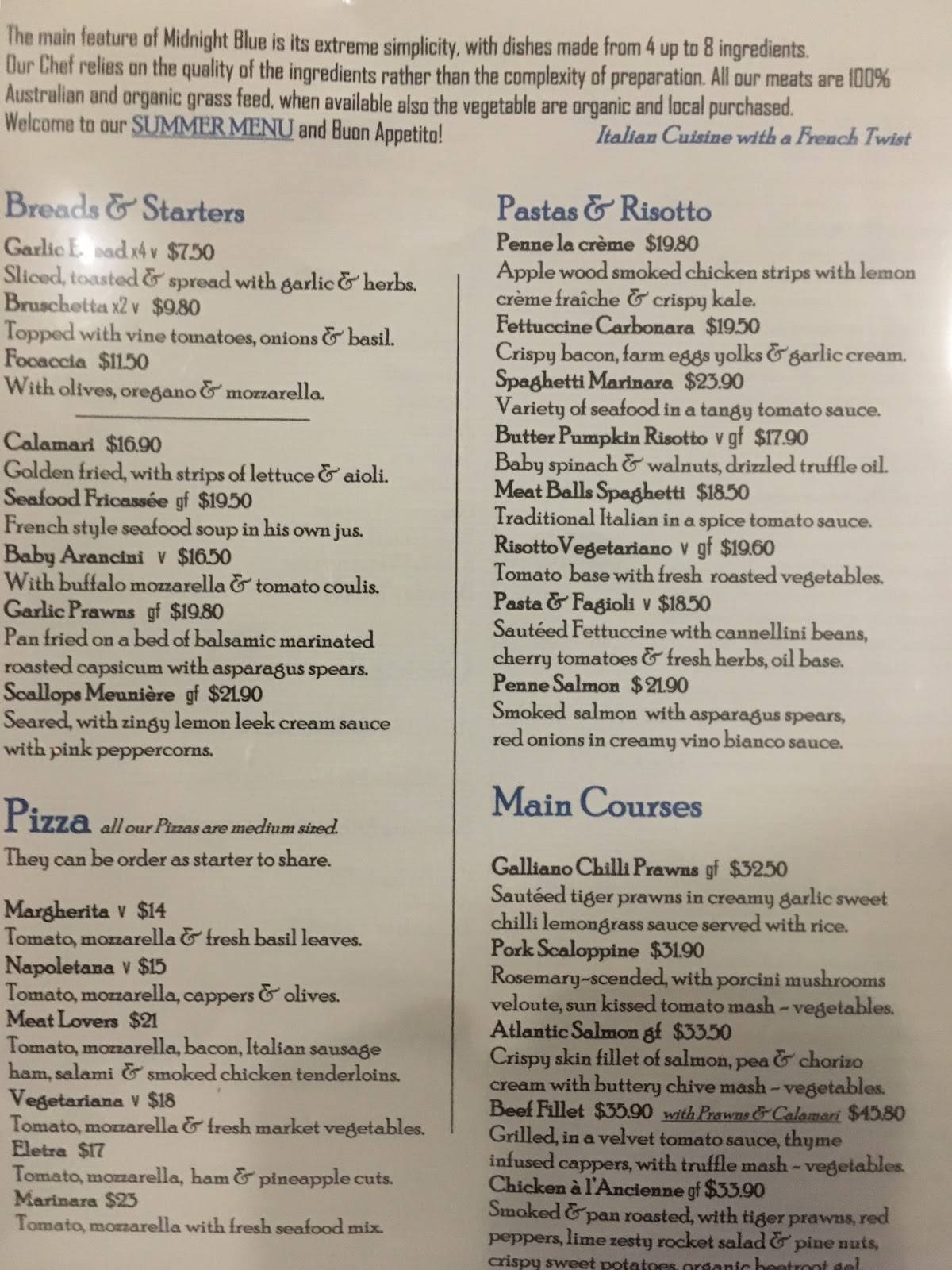 Menu at Midnight Blue Restaurant, Springwood