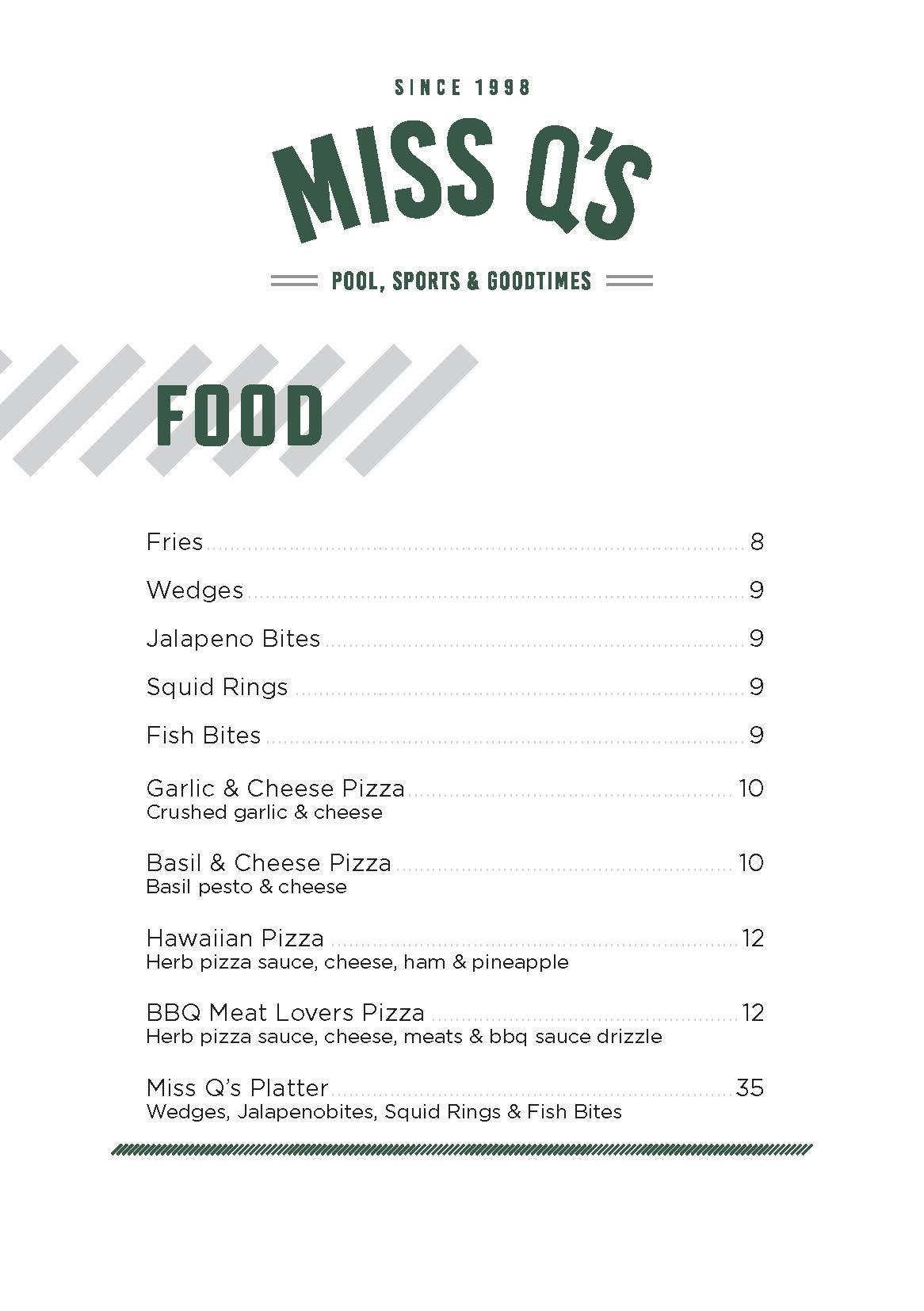 Menu at Miss Q's pub & bar, Auckland, Westgate Shopping Centre Fernhill Dr