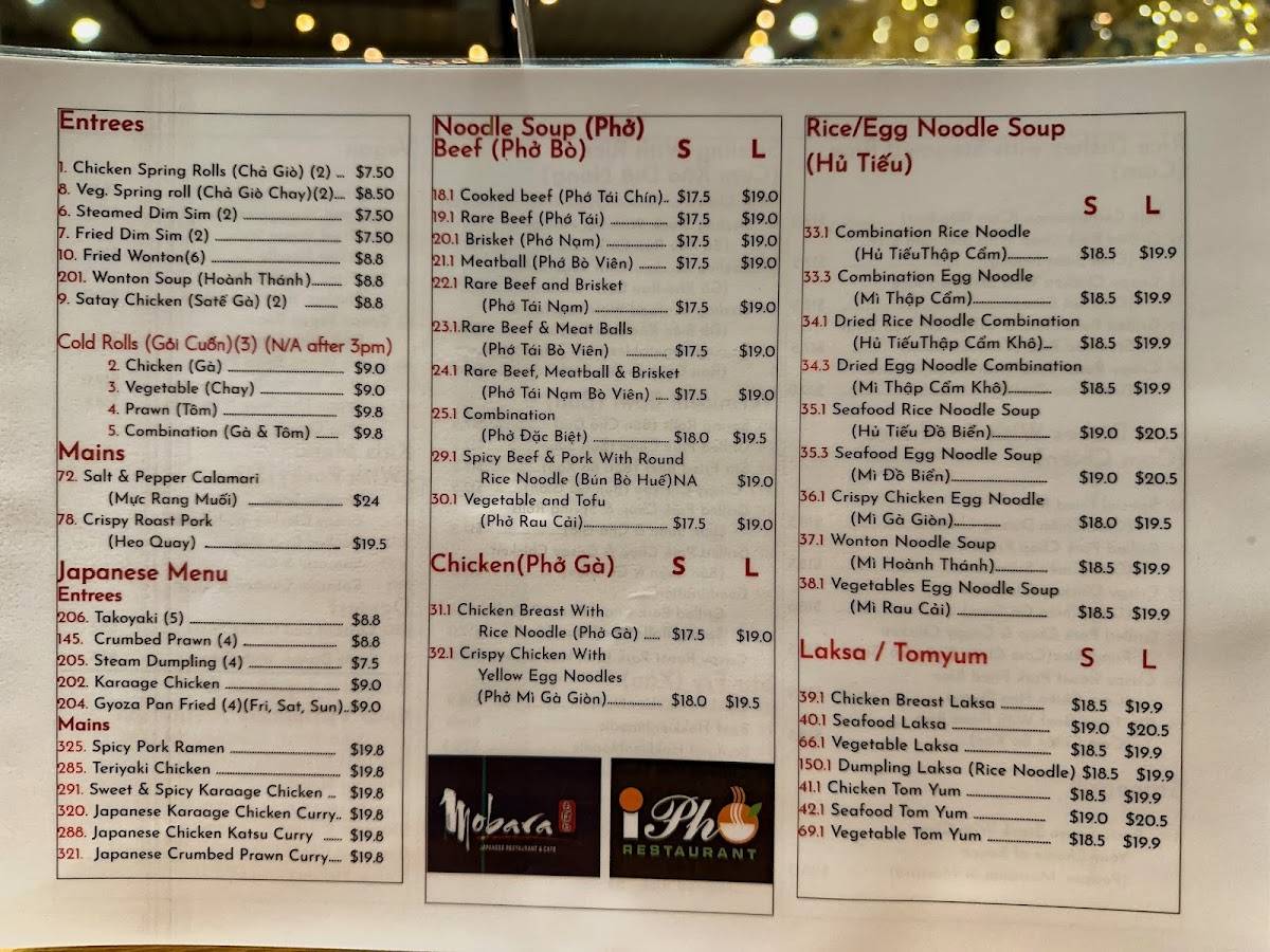 Menu at Mobara Japanese and Ipho Vietnamese Restaurants, Salisbury