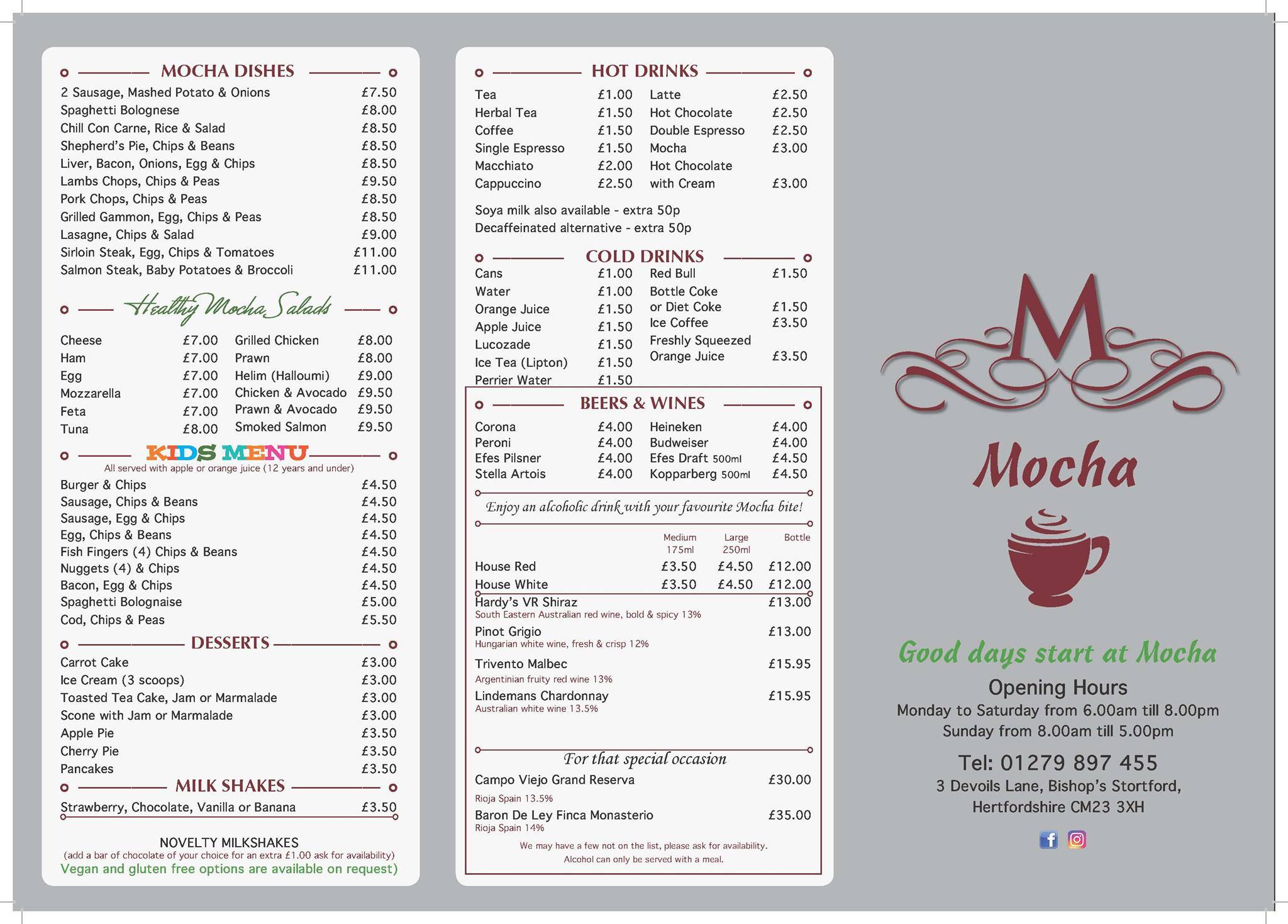Menu at Mocha Bishop’s Stortford cafe, Bishop's Stortford