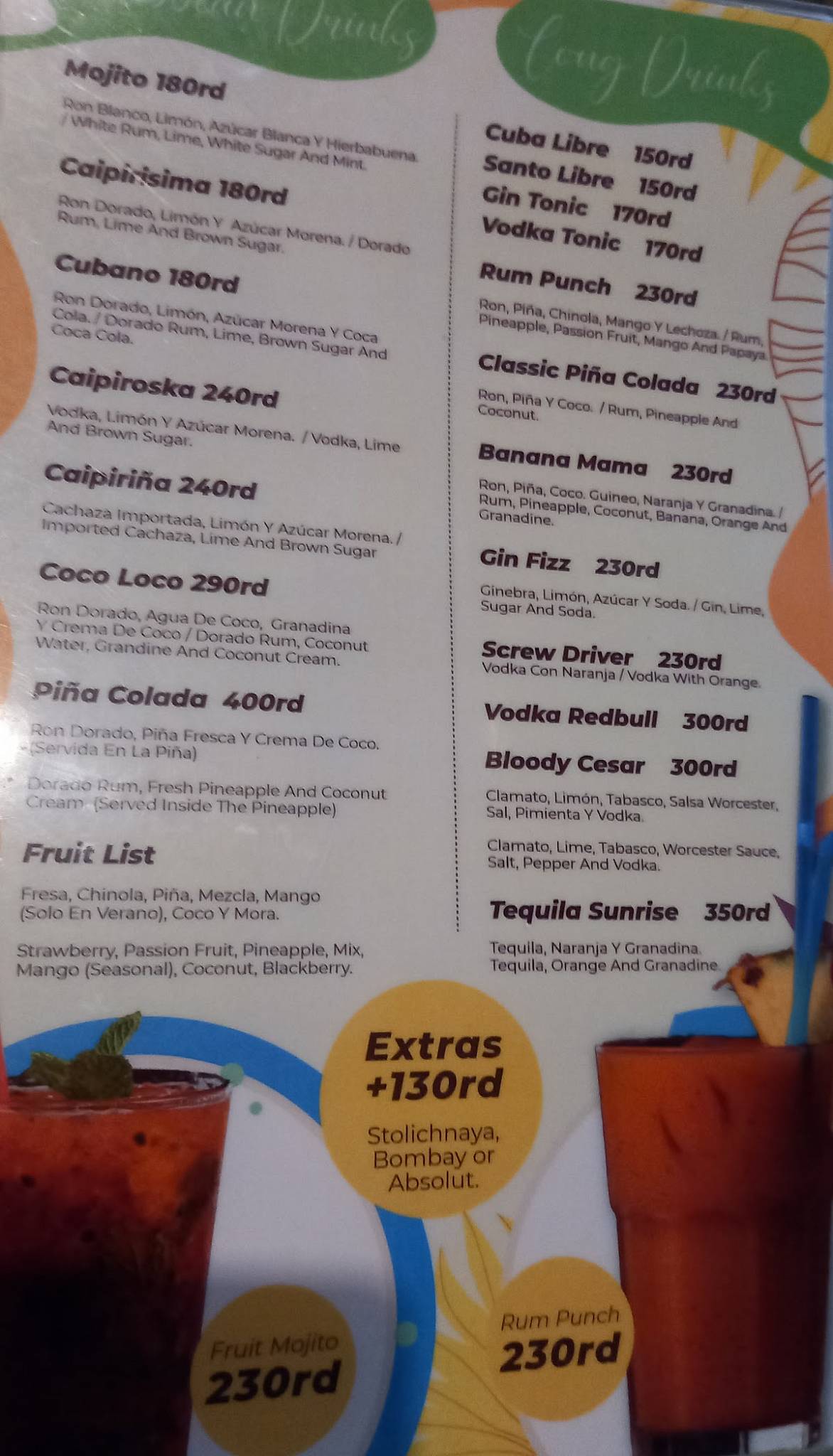 Menu at Mojito Bar, Cabarete