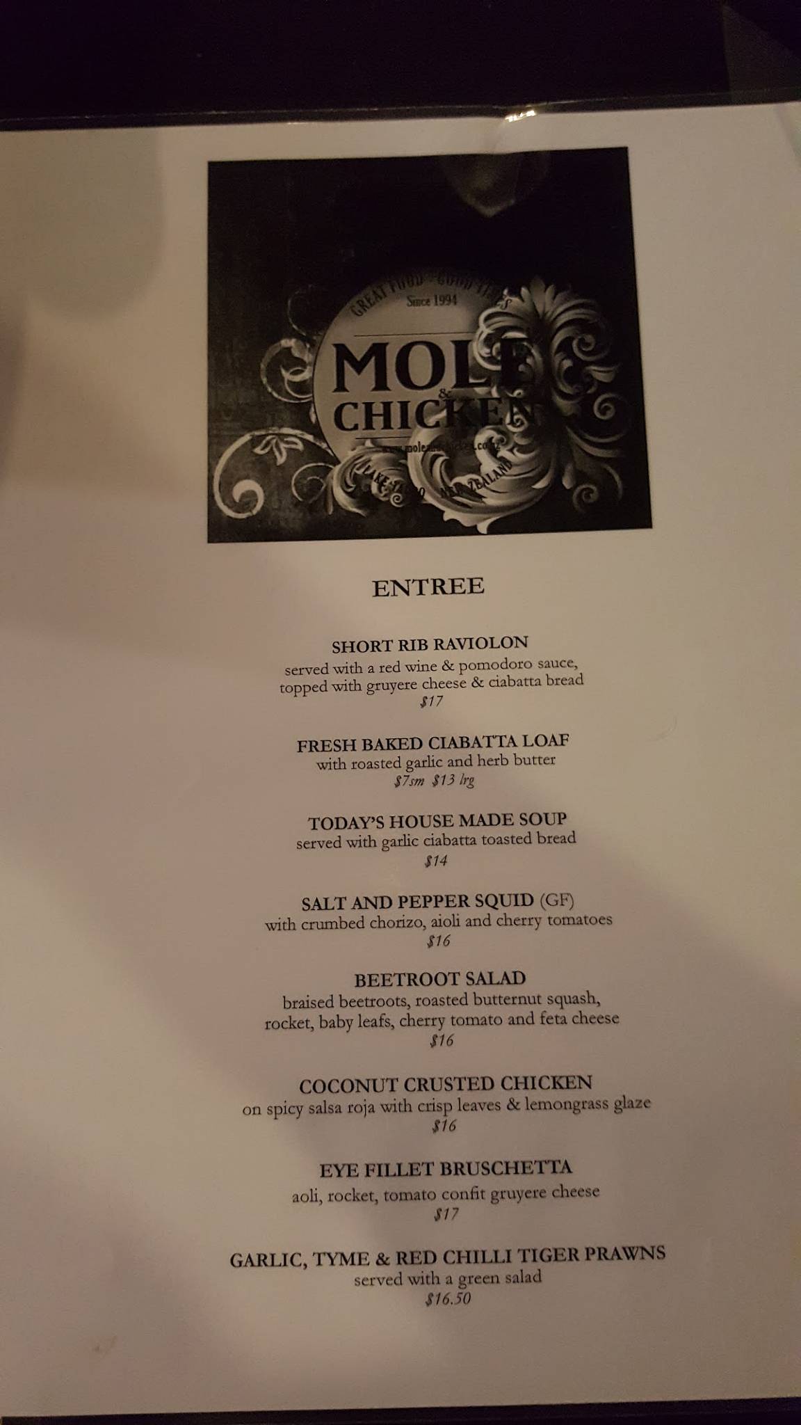 Menu at Mole & Chicken restaurant, Taupo