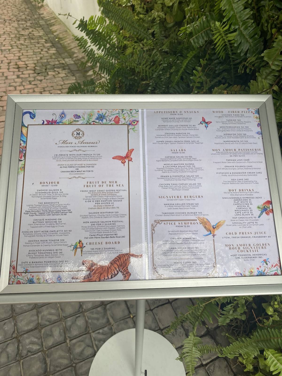 Menu at Mon Amour restaurant, Franschhoek