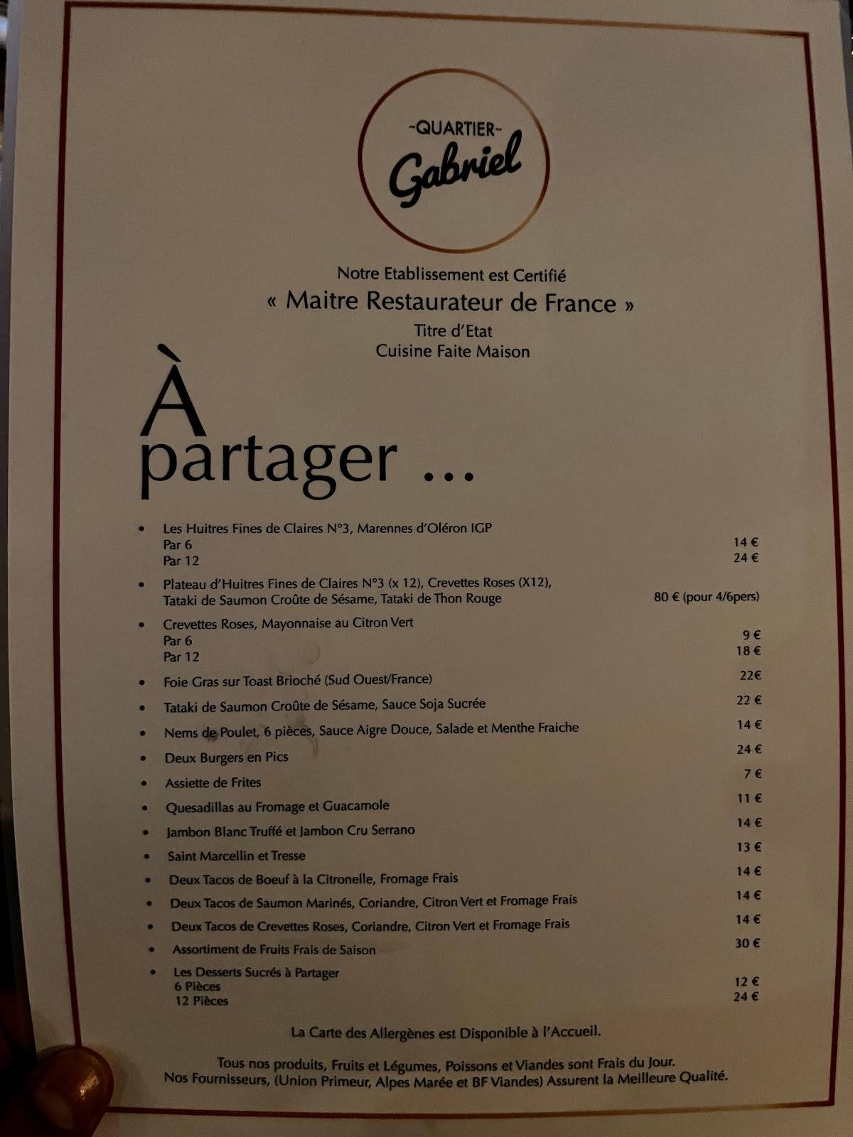 Menu au Quartier Gabriel restaurant, Montbonnot-Saint-Martin