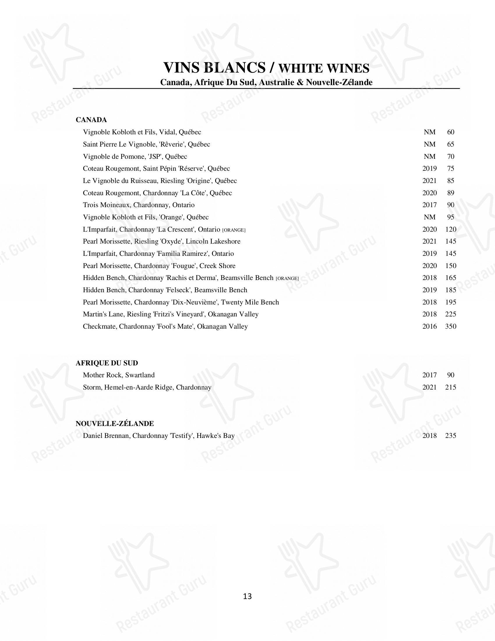 Menu at Maison Boulud restaurant, Montréal