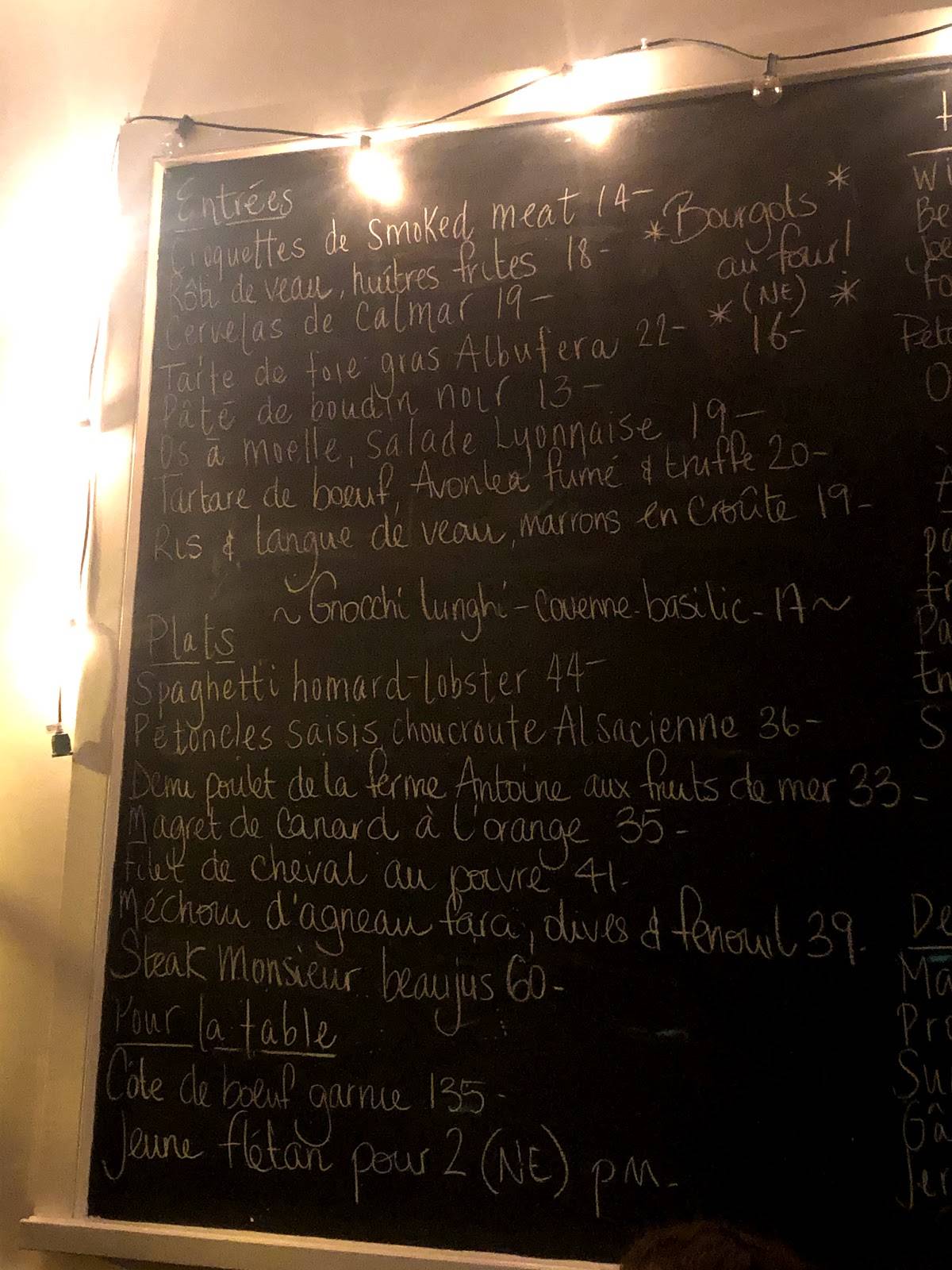 Menu at Joe Beef steakhouse, Montréal