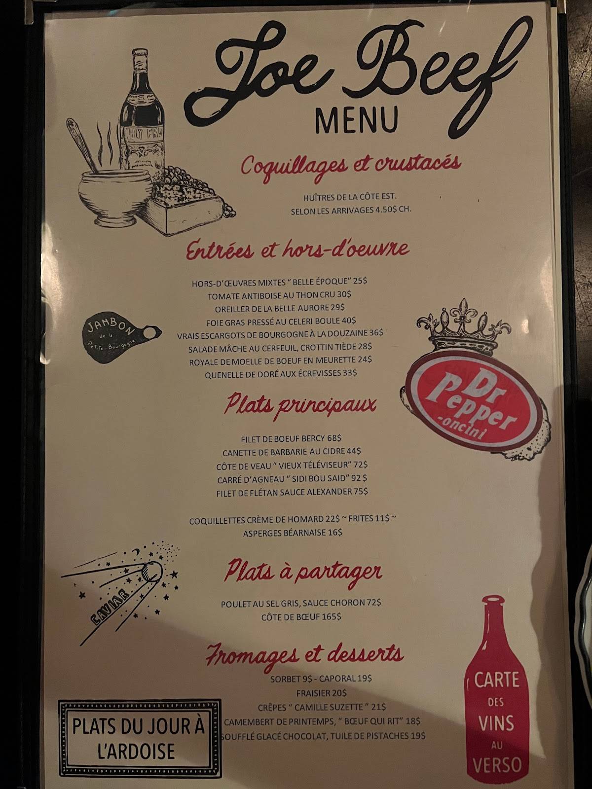 Menu at Joe Beef steakhouse, Montréal
