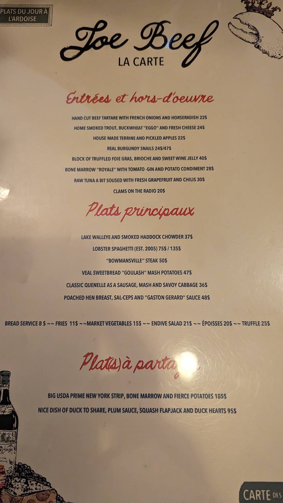 Menu at Joe Beef steakhouse, Montréal