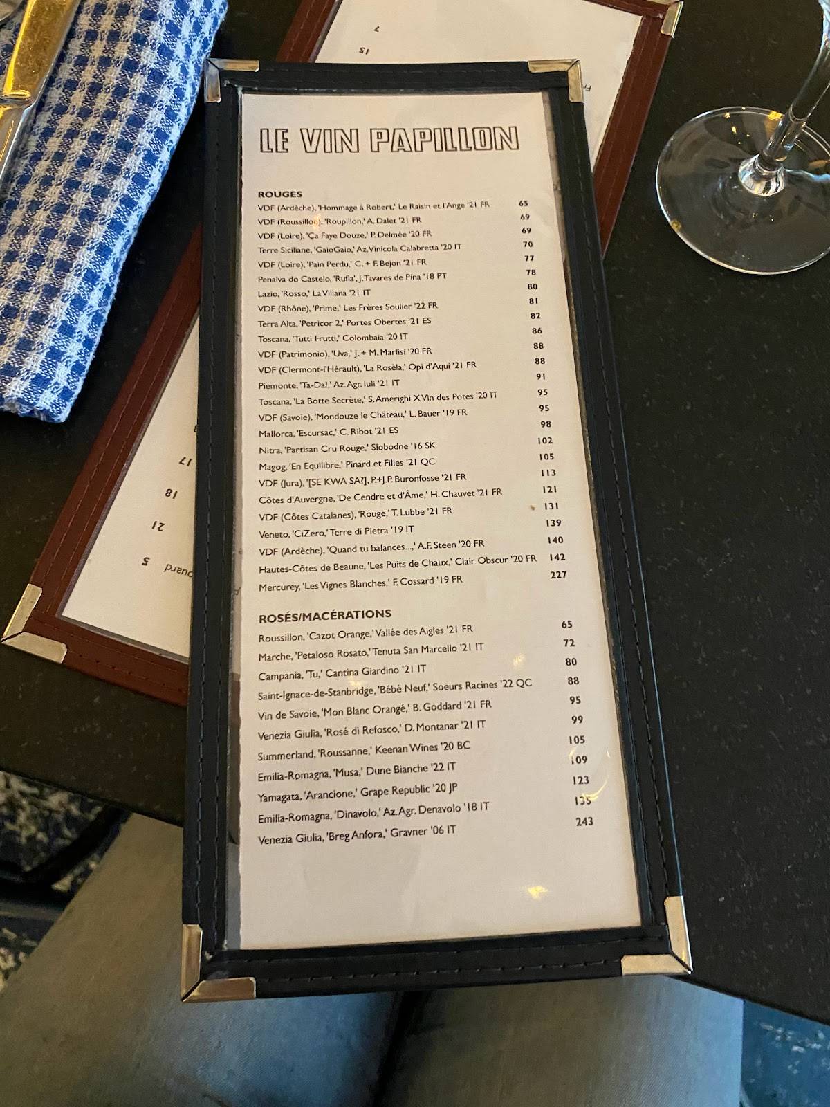 Menu au Le Vin Papillon pub et bar, Montréal, Notre-Dame St W