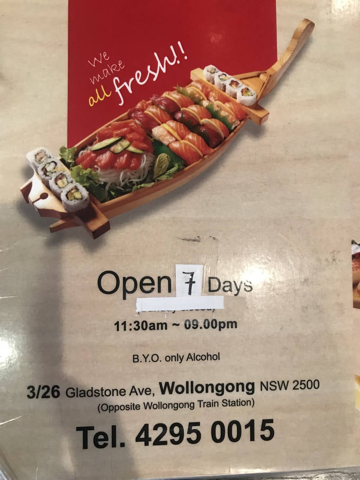 Menu at Moon Sushi Wollongong restaurant, Wollongong, 3/26 Gladstone Ave