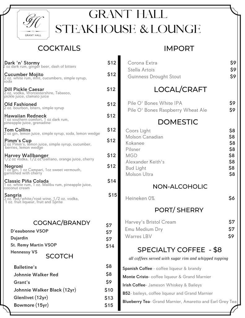 Menu at Grant Hall Dining Room & Lounge restaurant, Moose Jaw