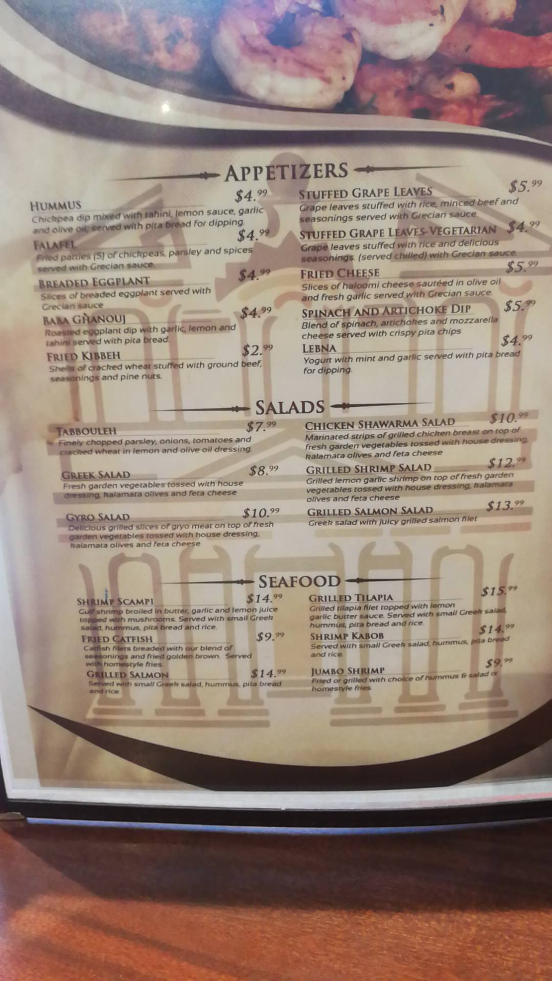 Menu at Mr. Greek restaurant, Biloxi