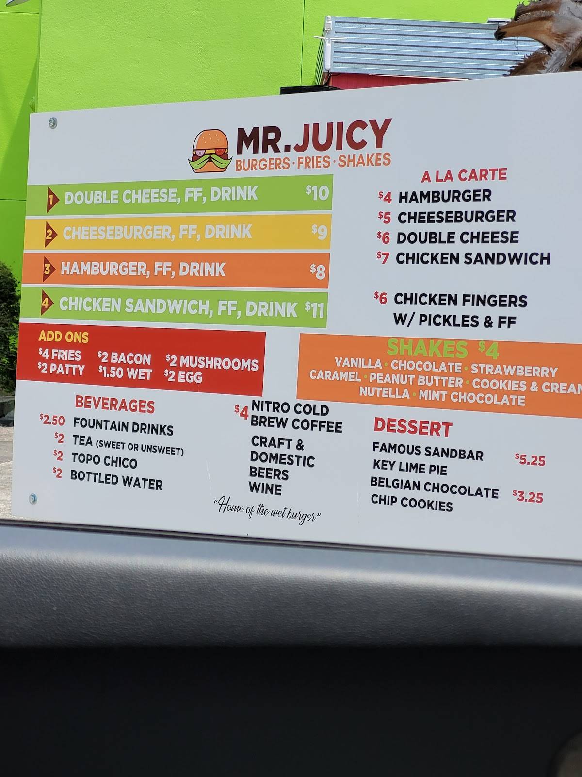 Menu at Mr Juicy restaurant, San Antonio
