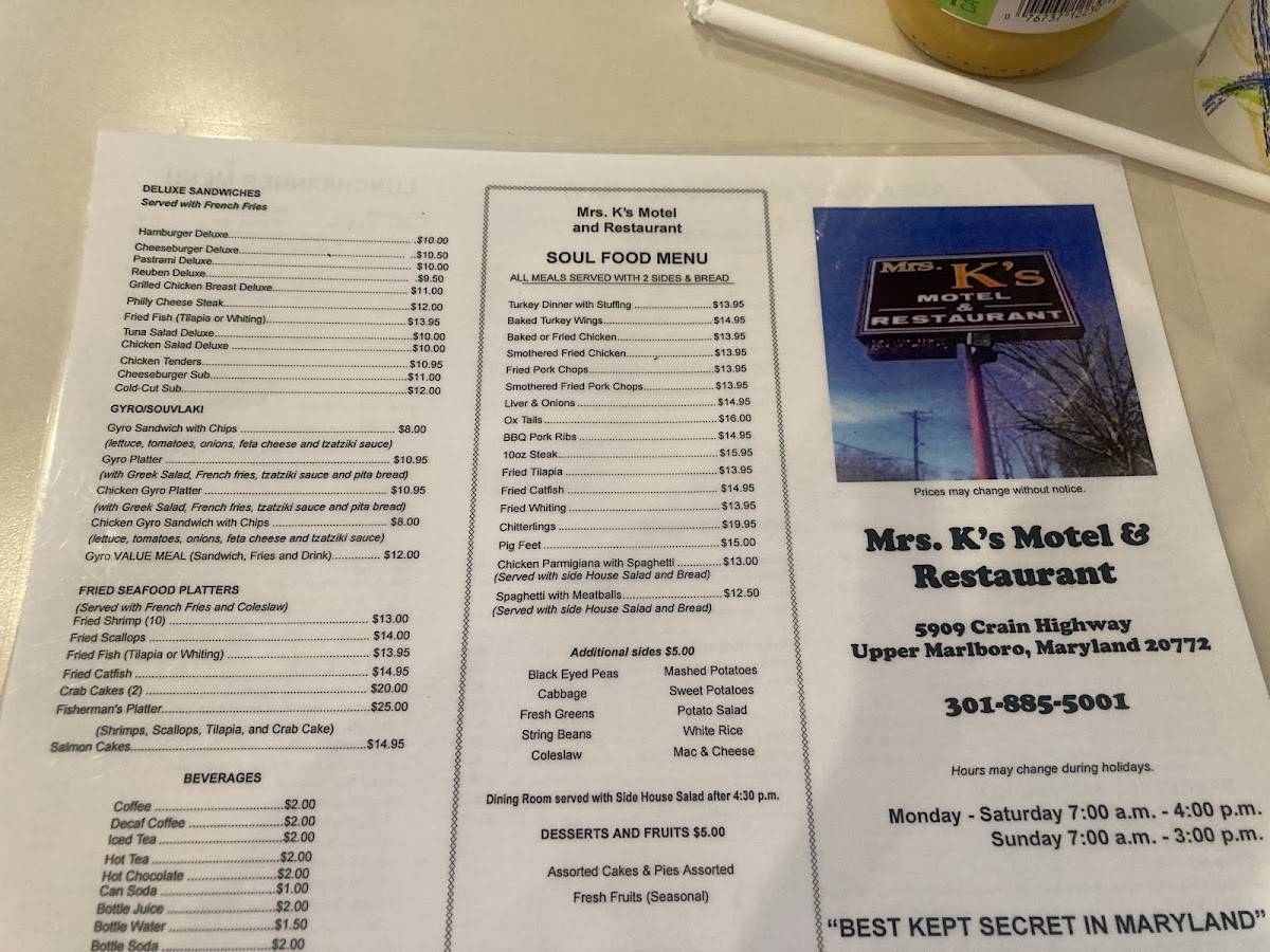 Menu at Mrs. K's Restaurant, Upper Marlboro