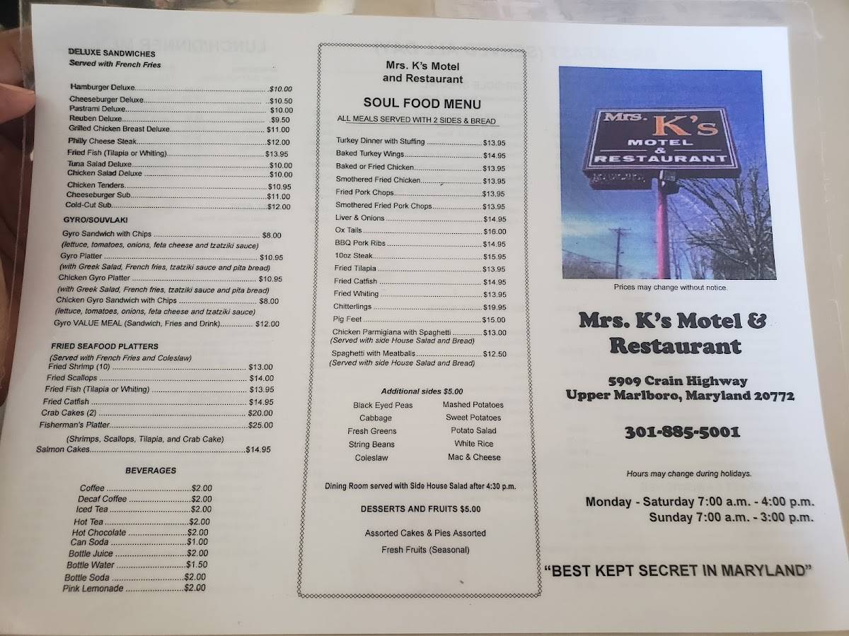 Menu at Mrs. K's Restaurant, Upper Marlboro