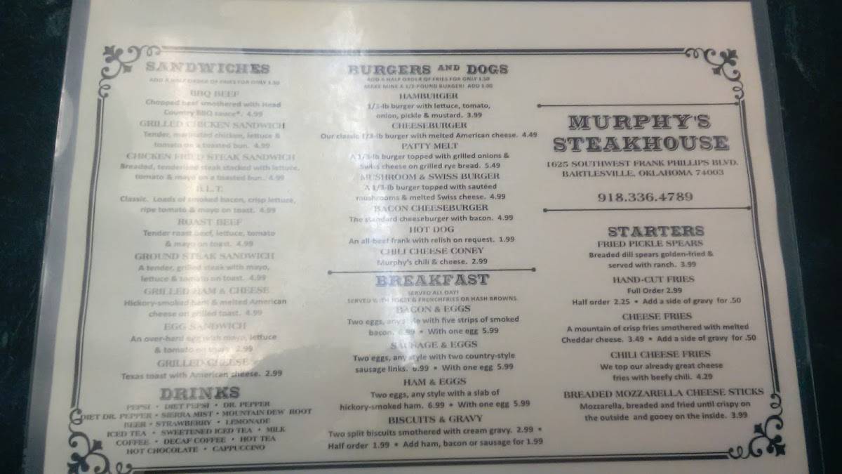 Menu at Murphy's Original Steak House steakhouse, Bartlesville