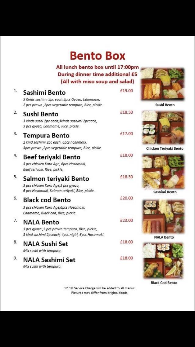 Menu at NALA Japanese Restaurant, London