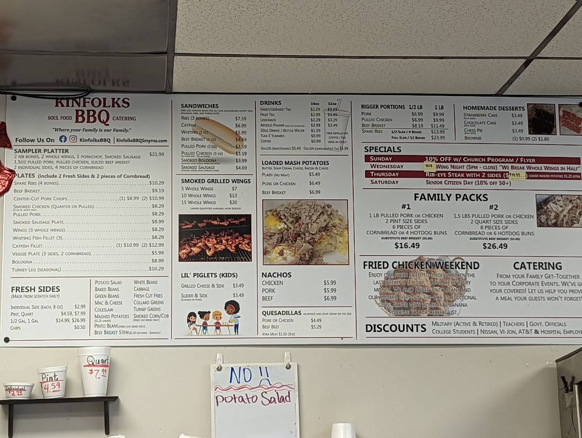 Menu at Kinfolks BBQ, Smyrna