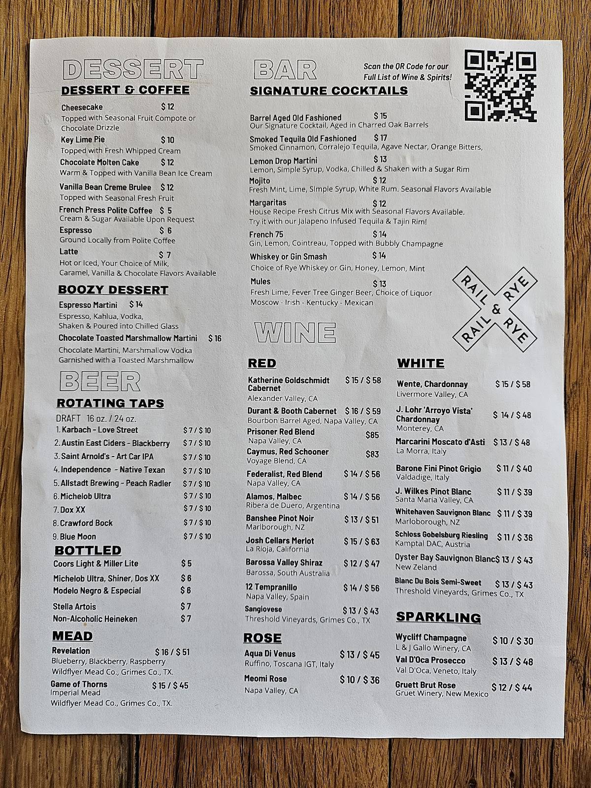 Menu at Rail & Rye pub & bar, Navasota