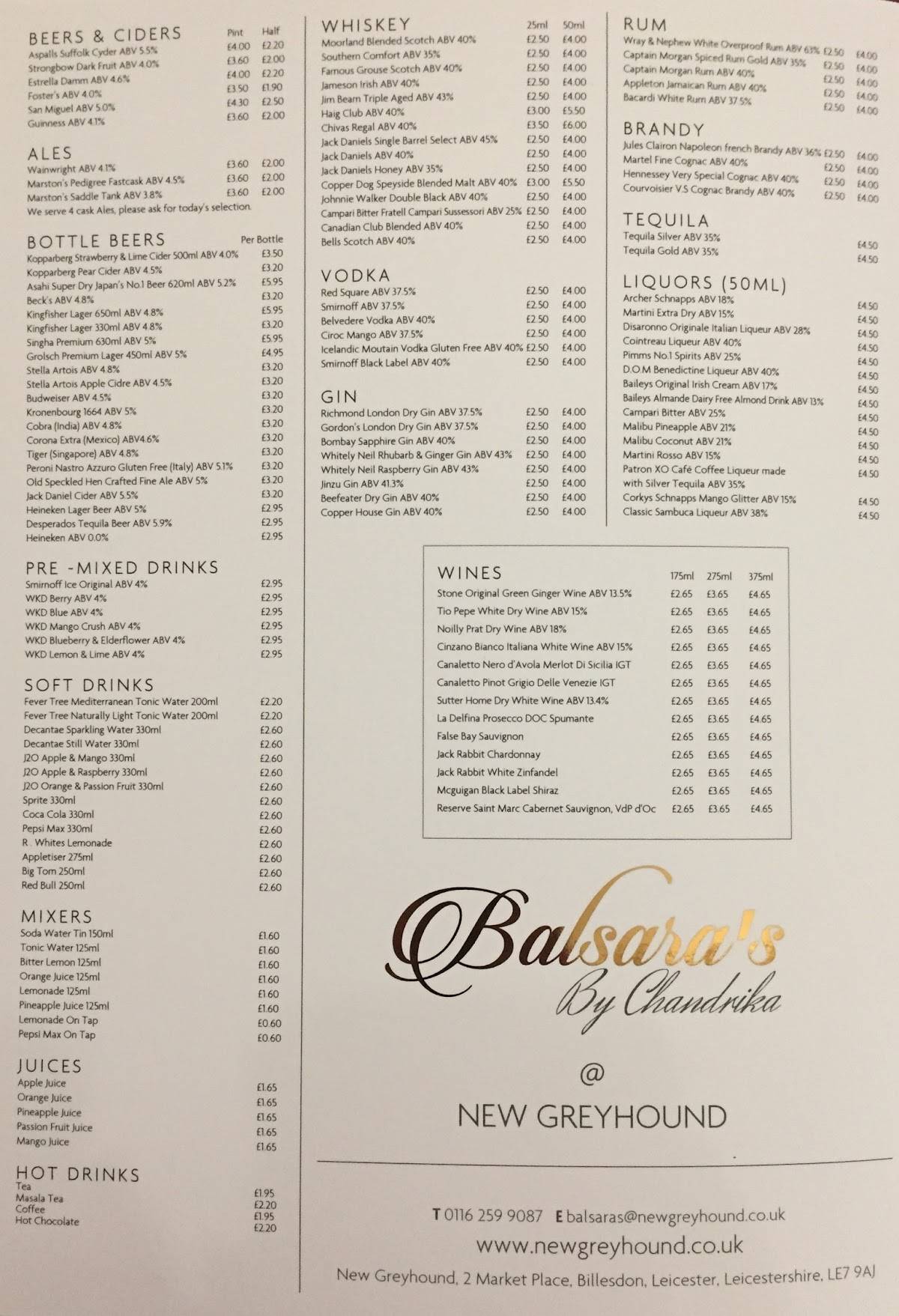Menu at New Greyhound Billesdon pub & bar, Billesdon