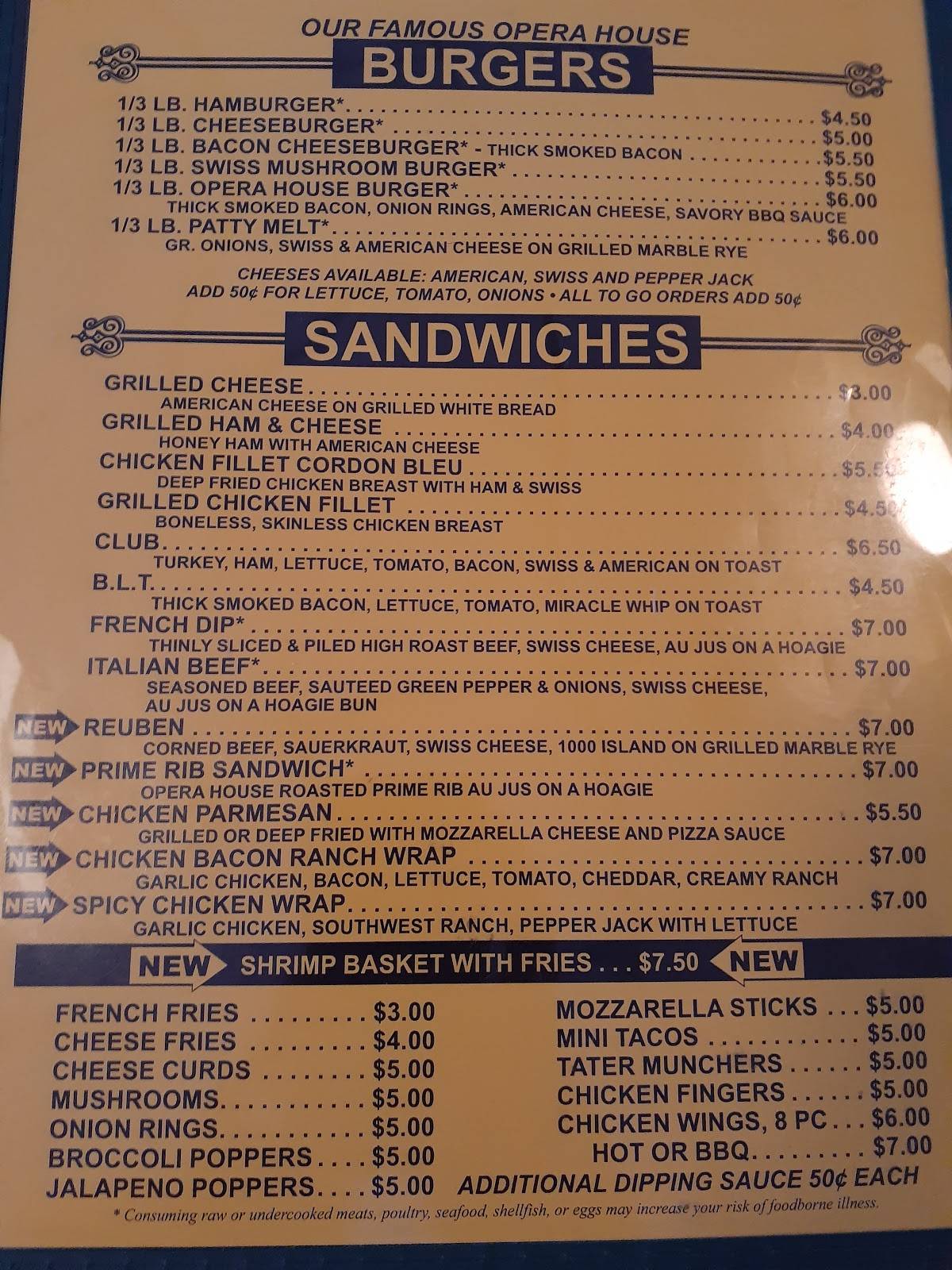 Menu at Opera House Bar & Grill, New Lisbon, 120 S Adams St