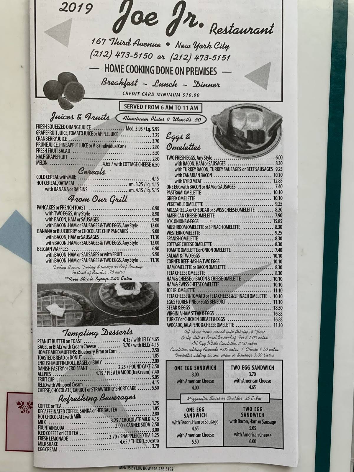 Menu at Joe Jr. restaurant, New York City, 167 3rd Ave