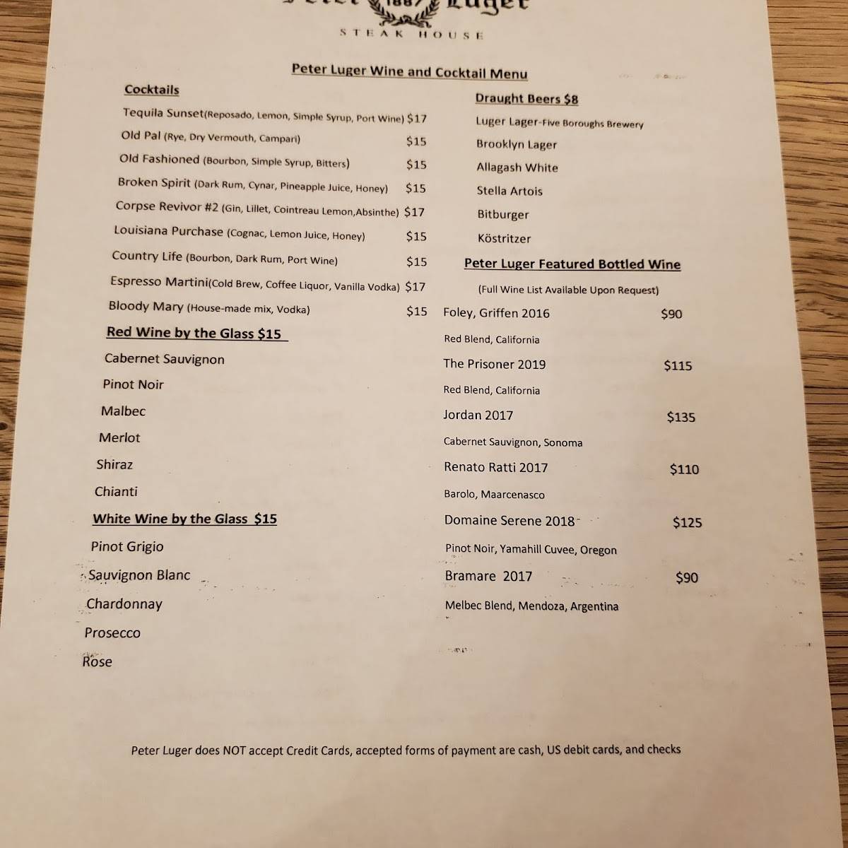 Menu at Peter Luger Steak House steakhouse, New York City, 178 Broadway