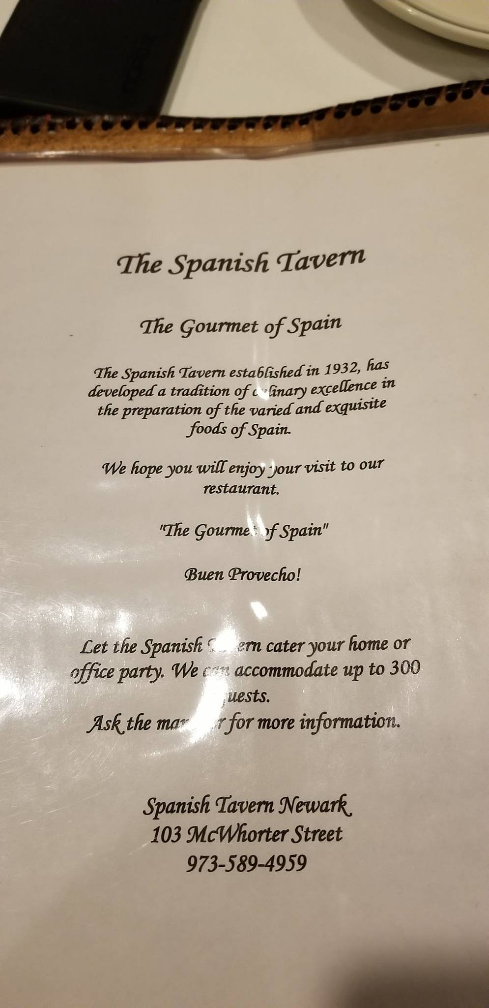 Menu at Spanish Tavern restaurant, Newark