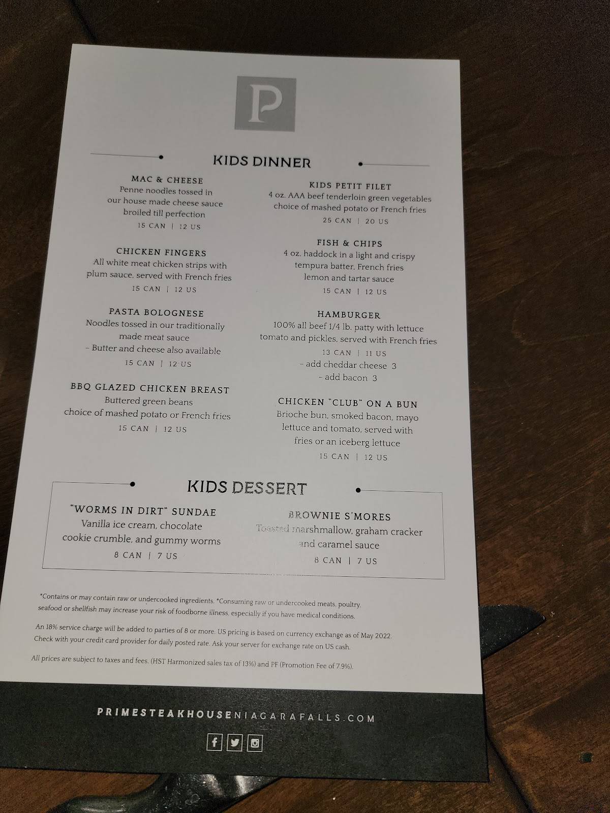 Menu at Prime Steakhouse Niagara Falls, Niagara Falls