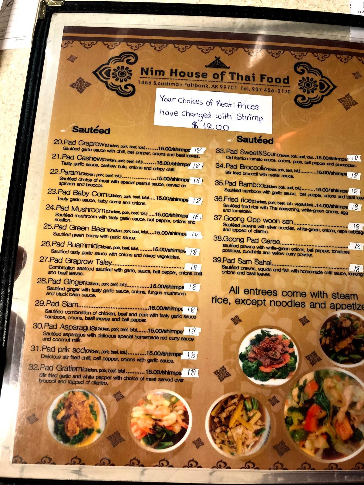 Menu at Nim's House of Thai Food restaurant, Fairbanks