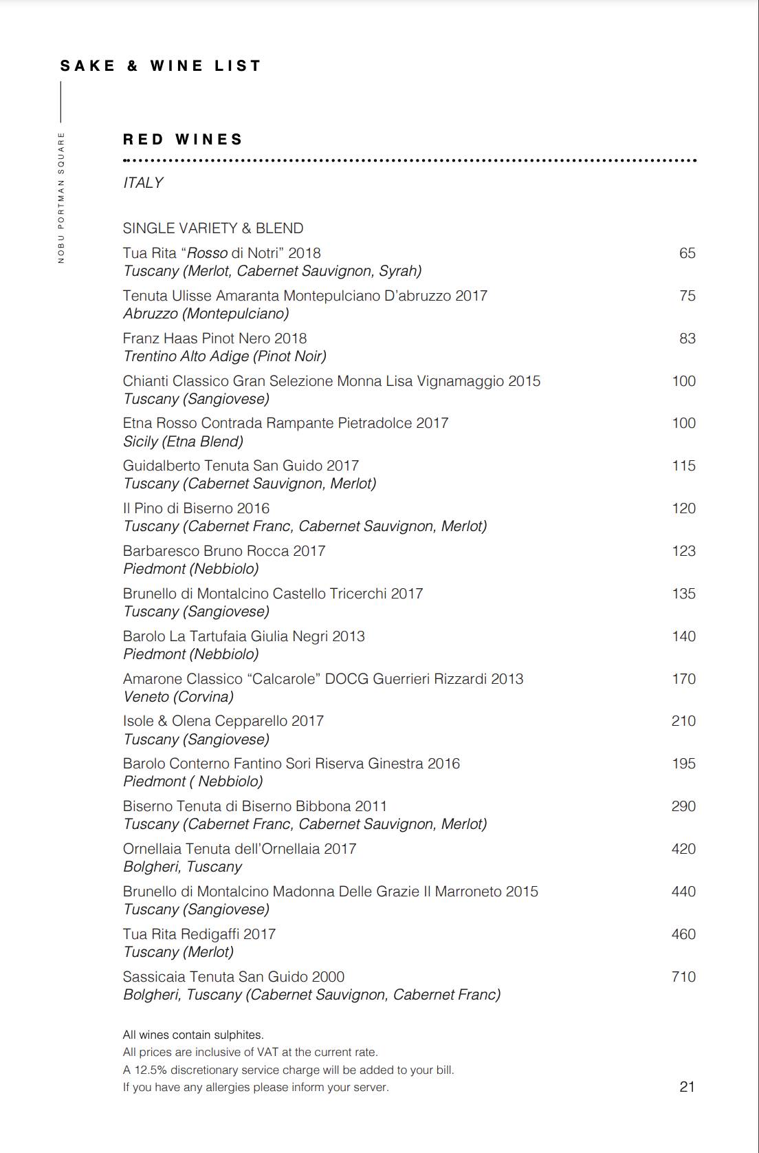 Menu at Nobu Restaurant Portman Square, London
