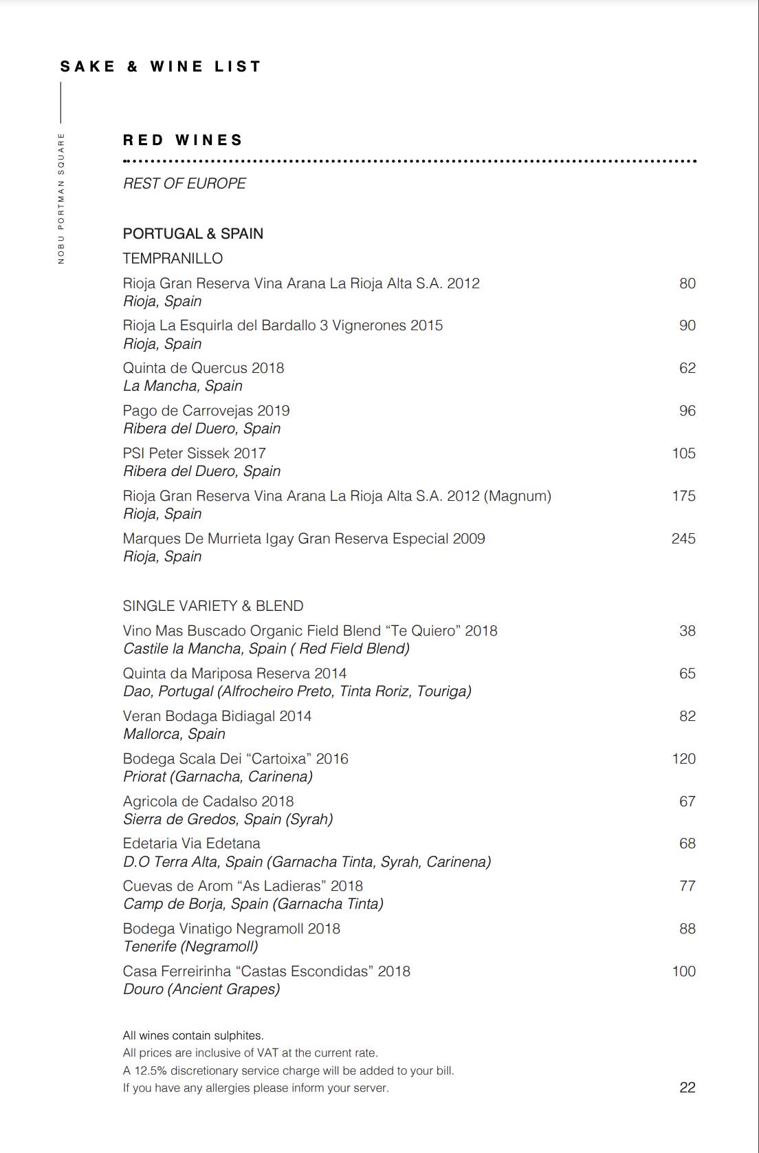 Menu at Nobu Restaurant Portman Square, London