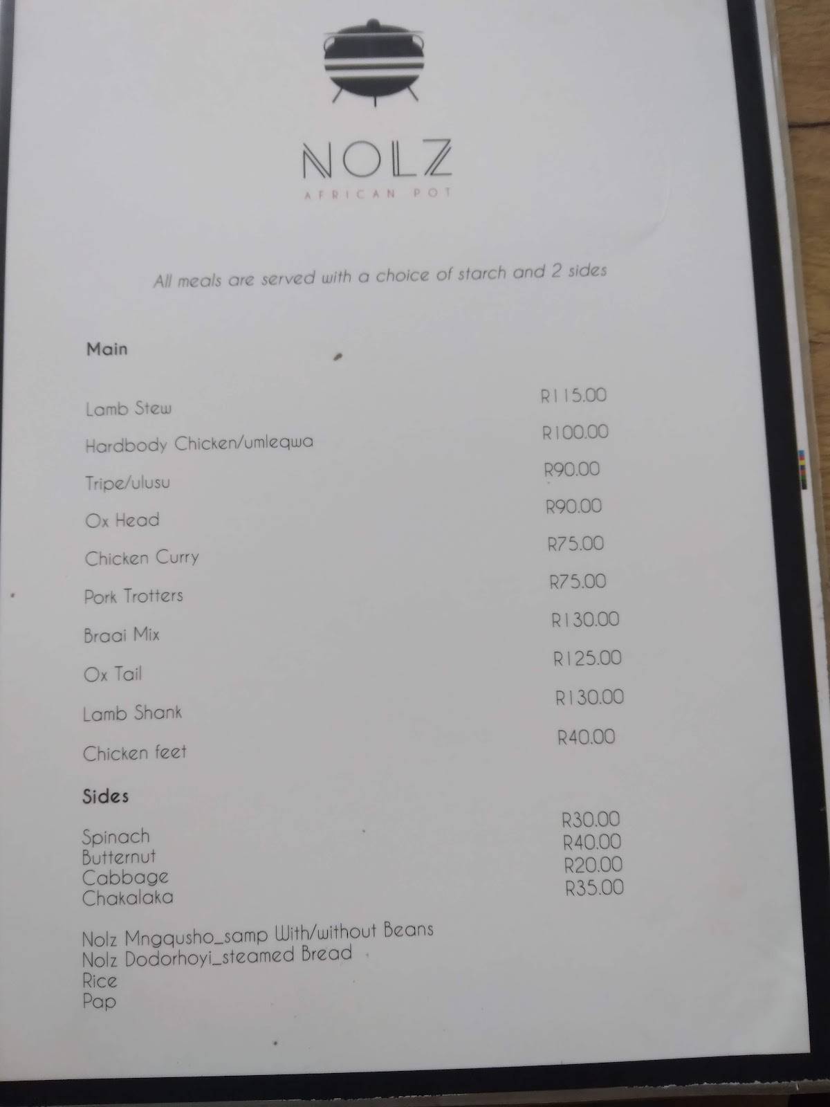Menu at Nolz Kitchen restaurant, Cape Town, Salt Orchard