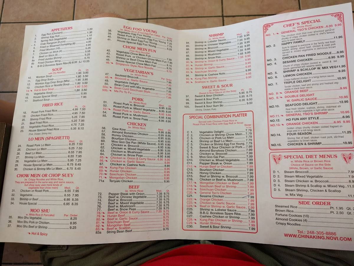 Menu at China King restaurant, Novi, Grand River Ave
