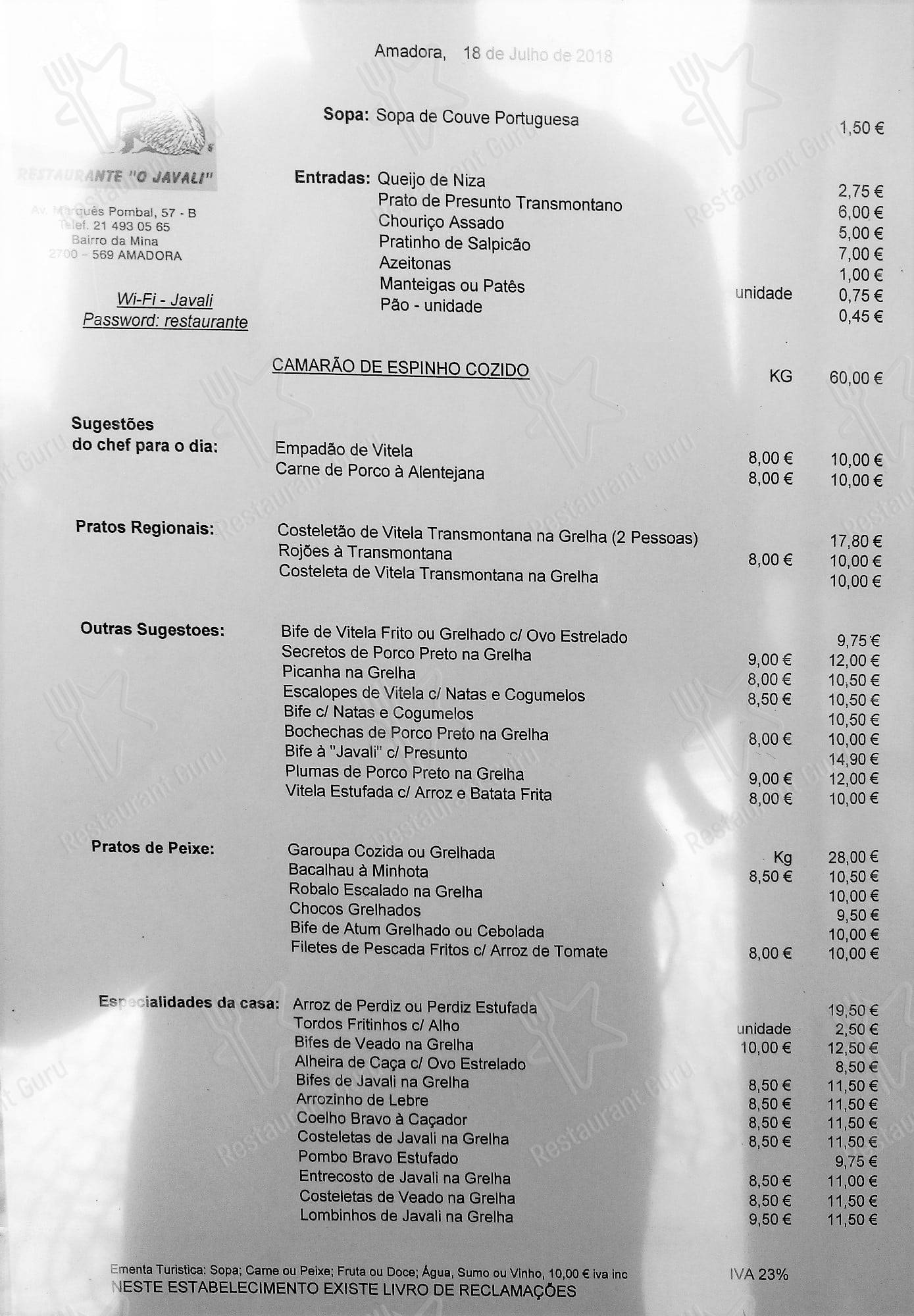 Menu em O Javali restaurante, Amadora, Av. Marquês de Pombal 57A