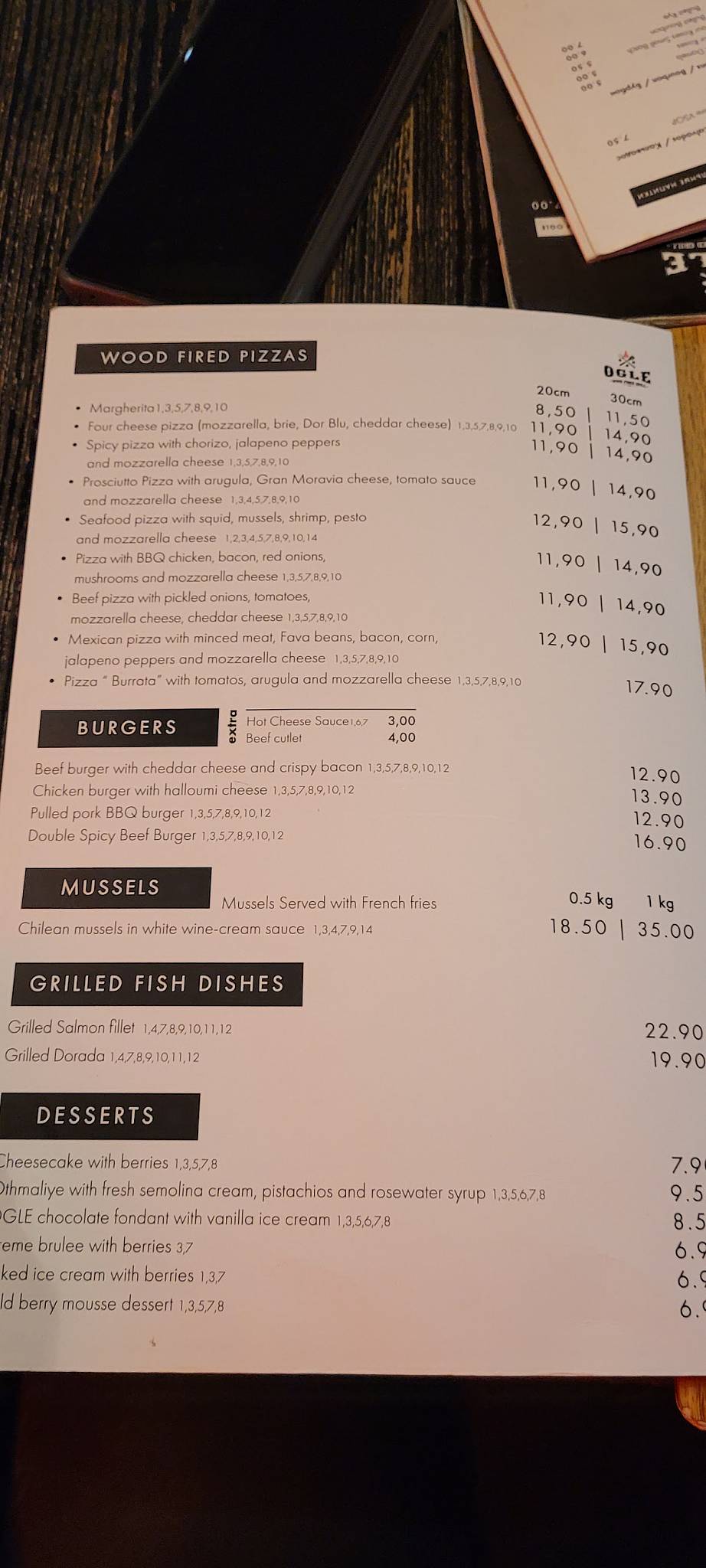 Menu at OGLE restaurant, Riga, Kaļķu iela 4