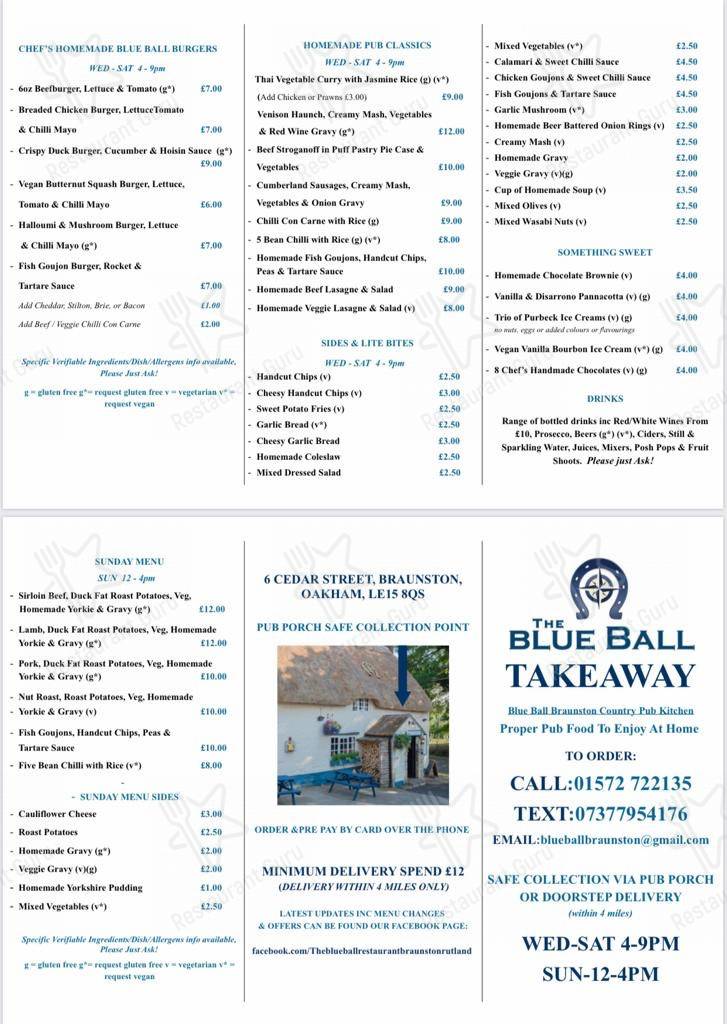 Menu at The Blue Ball at Braunston restaurant, Oakham