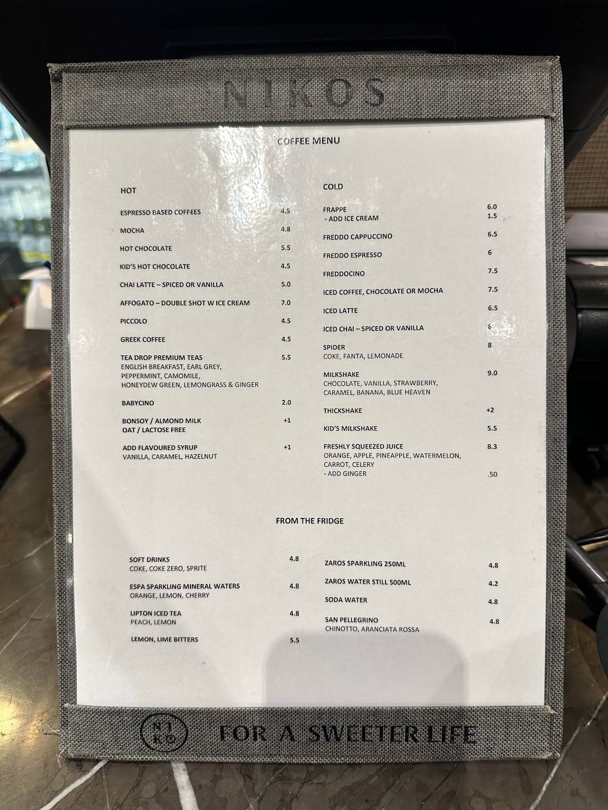 Menu at Nikos Cakes cafe, Oakleigh