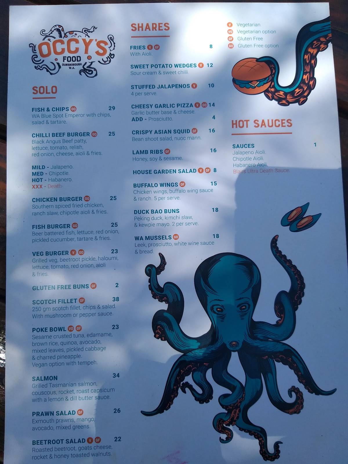 Menu at Occy's restaurant, Dunsborough, 12/34 Dunn Bay Rd