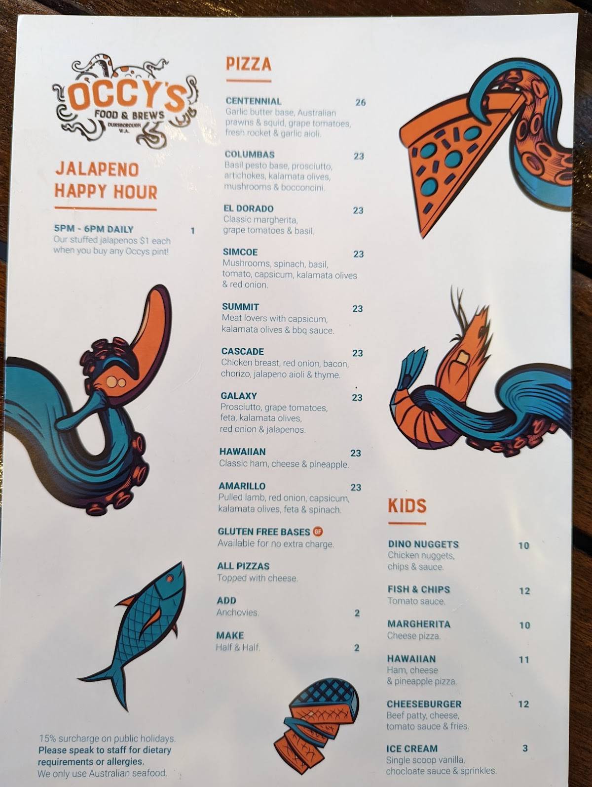 Menu at Occy's restaurant, Dunsborough, 12/34 Dunn Bay Rd