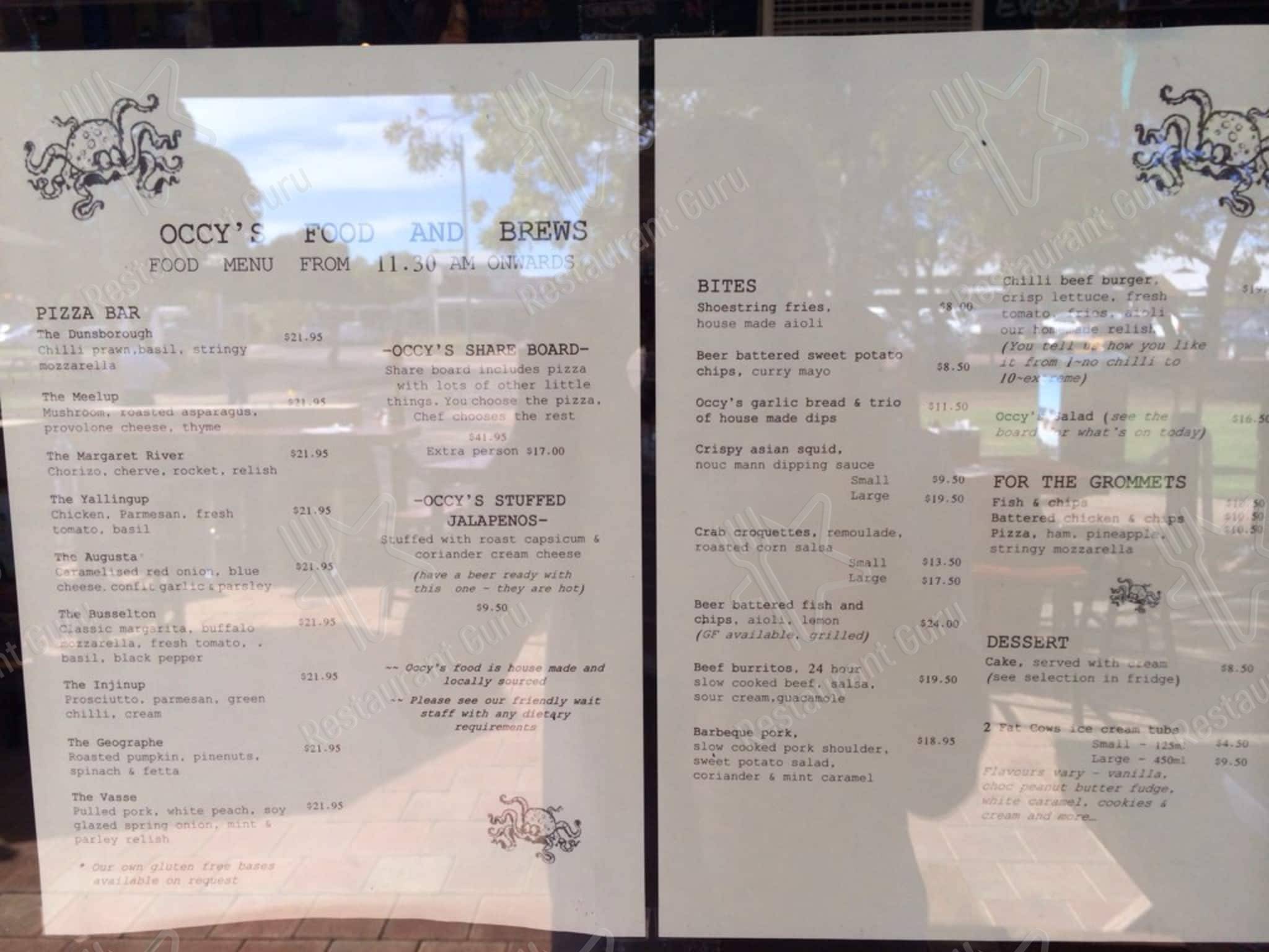Menu at Occy's restaurant, Dunsborough, 12/34 Dunn Bay Rd